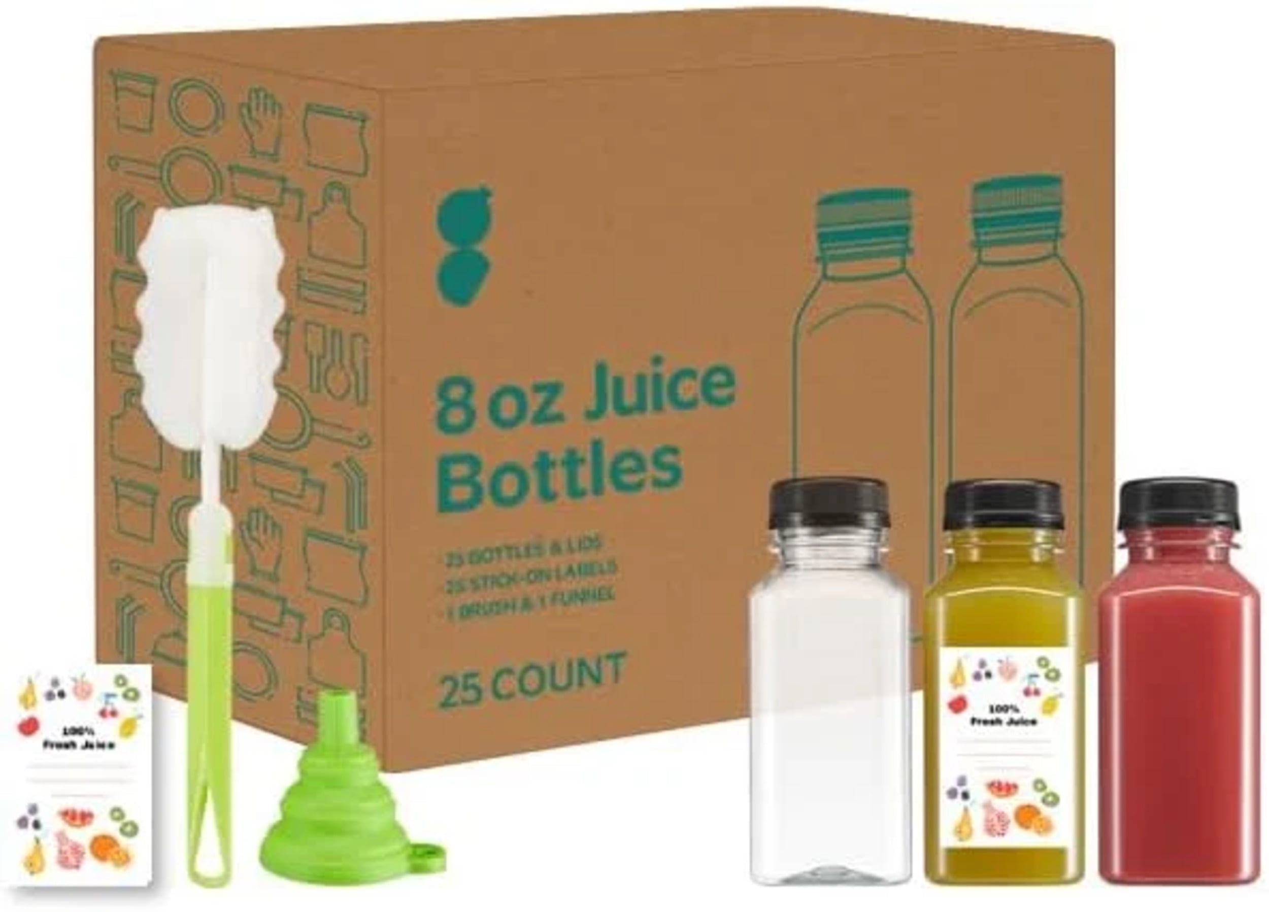 GUSTO Reusable Plastic Juice Bottles with Caps, Labels, Brush, and ...