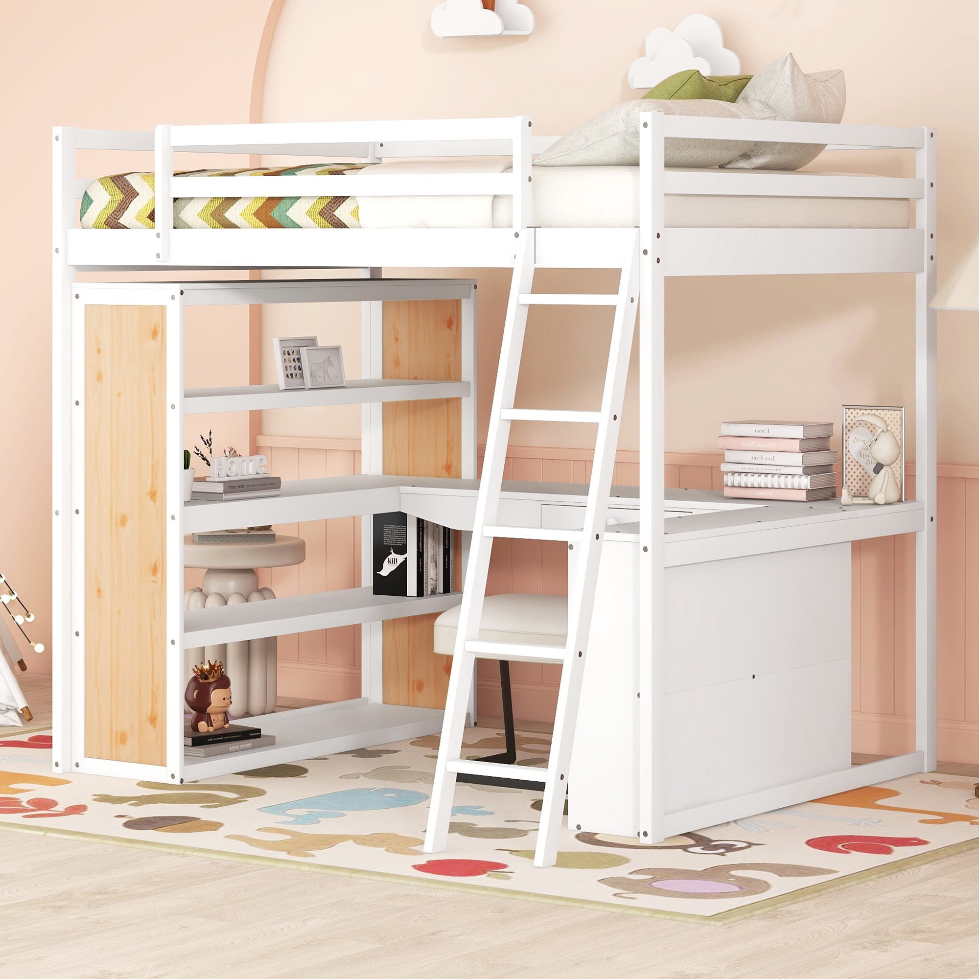 GUTALOR Full Size Loft Bed with Ladder, Shelves, and Desk - White Metal ...