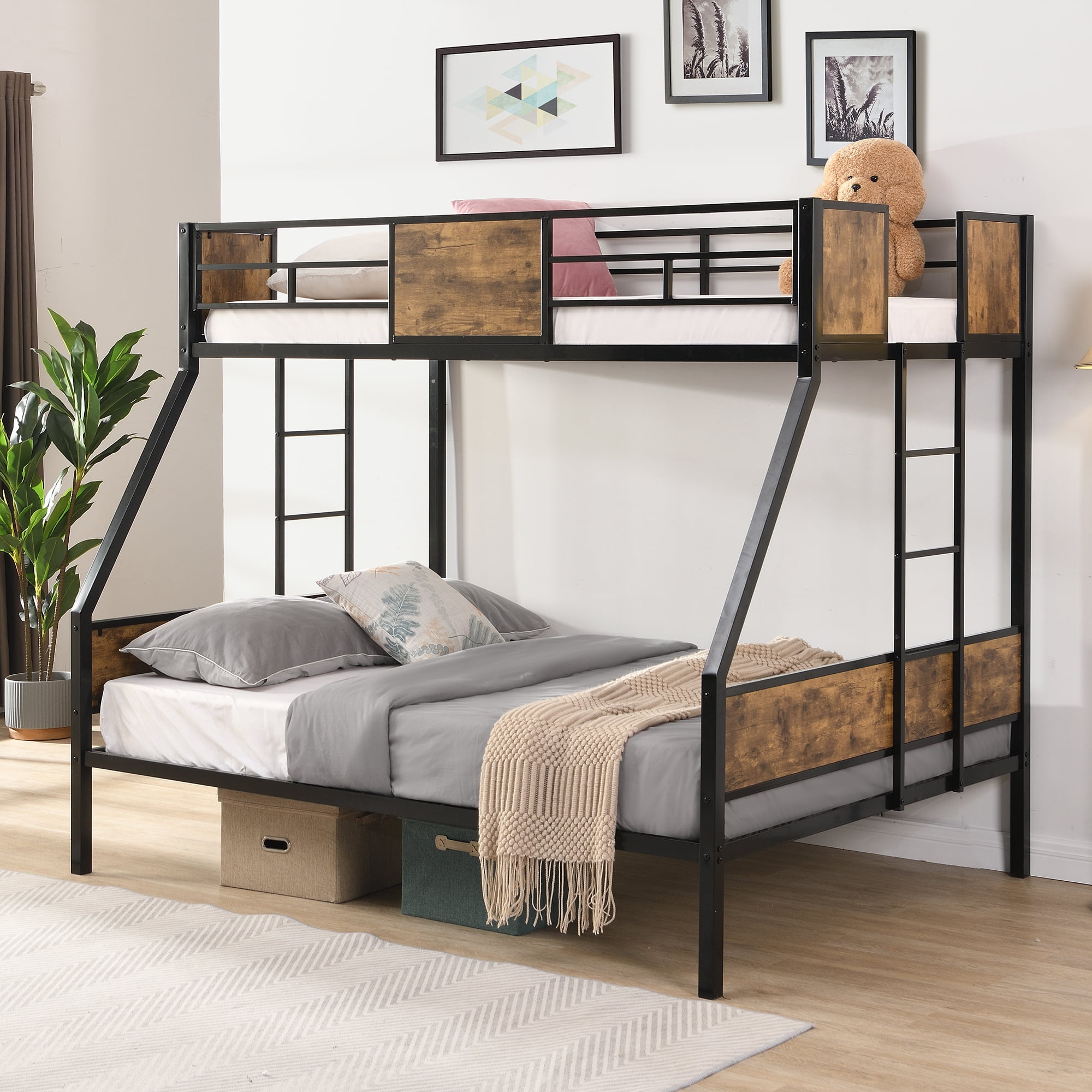 GUTALOR Twin Over Full Metal Bunk Bed, 2-Side Ladder & Full-Length ...