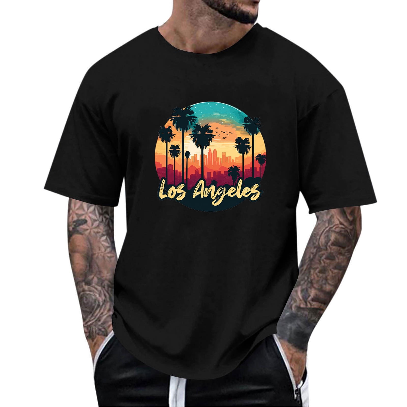 GUZOM Mens Graphic T-Shirt Vintage Los Angeles City Skyline Tee, Black ...