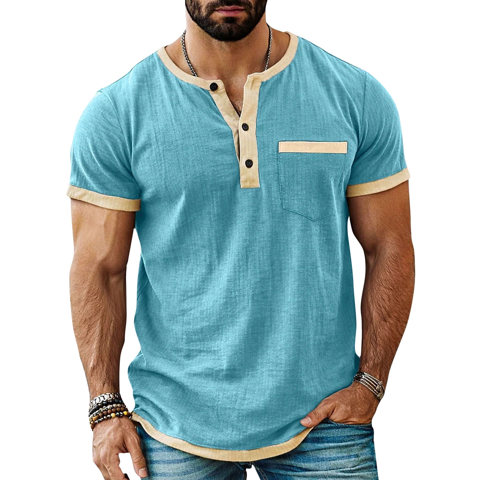 GUZOM Mens Henley T-Shirt with Contrast Trim, Short Sleeve Casual Shirt ...