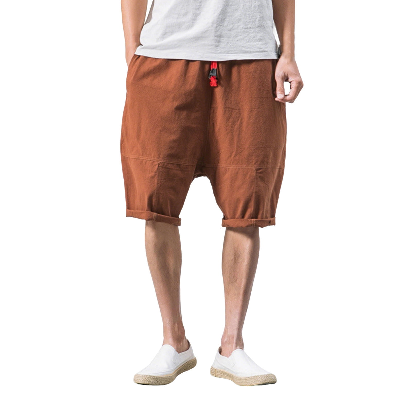 GUZOM Mens Linen Cotton Shorts Relaxed Fit Casual Coffee Color ...