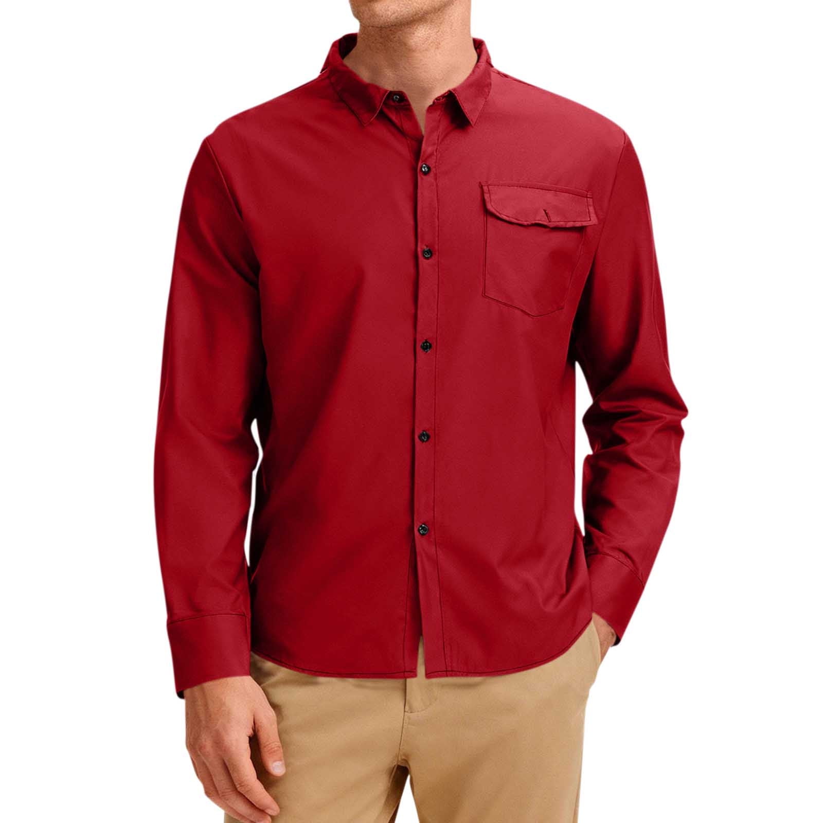 GUZOM Mens Long Sleeve Button Down Shirt, Solid Red Stretch & Wrinkle ...