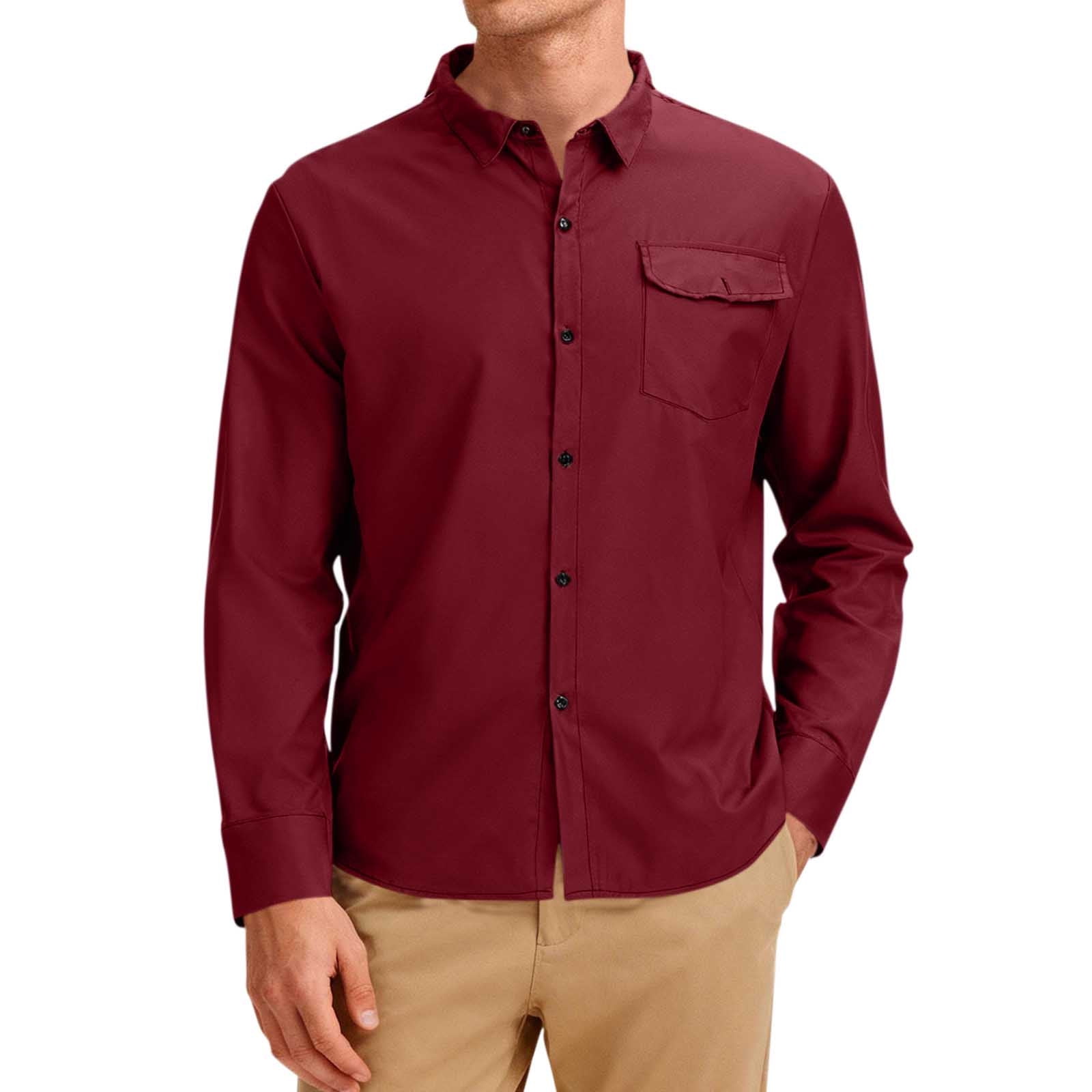 GUZOM Mens Long Sleeve Button Down Shirt in Wine Red, Stretch Wrinkle ...