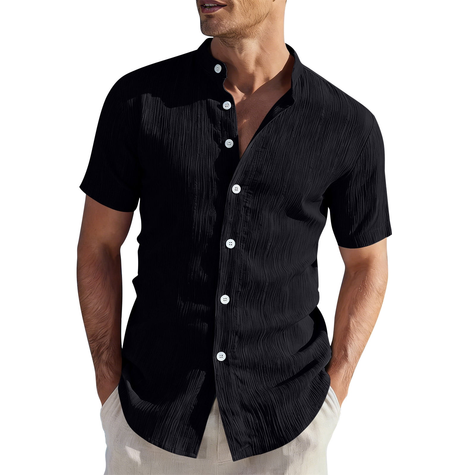GUZOM Mens Short Sleeve Shirt, Band Collar Casual Button Up Top ...