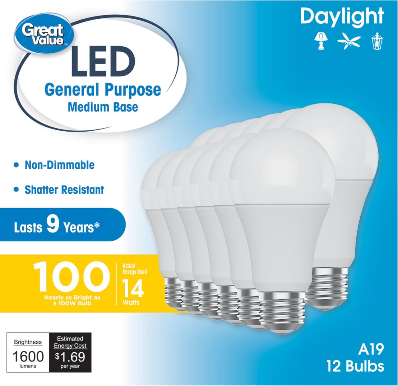 Great Value A19 LED Light Bulbs 100W Equivalent Daylight Medium Base 12 ...