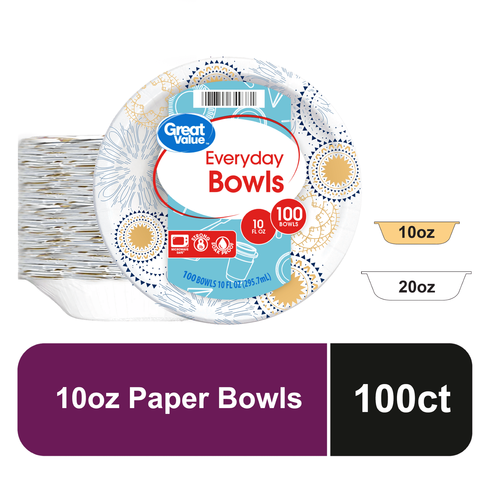 Great Value Everyday Disposable Paper Bowls, 10 oz, Multicolor, 100 ...