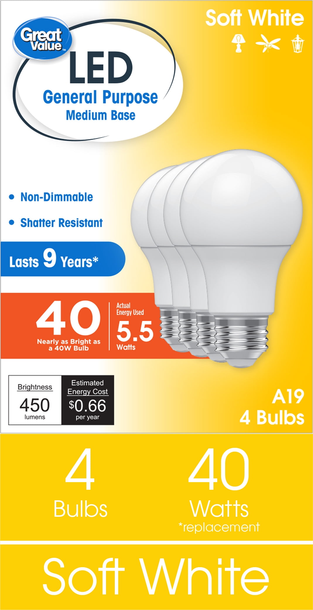 Great Value A19 LED Light Bulbs, 40 Watts Eqv, Soft White, General ...