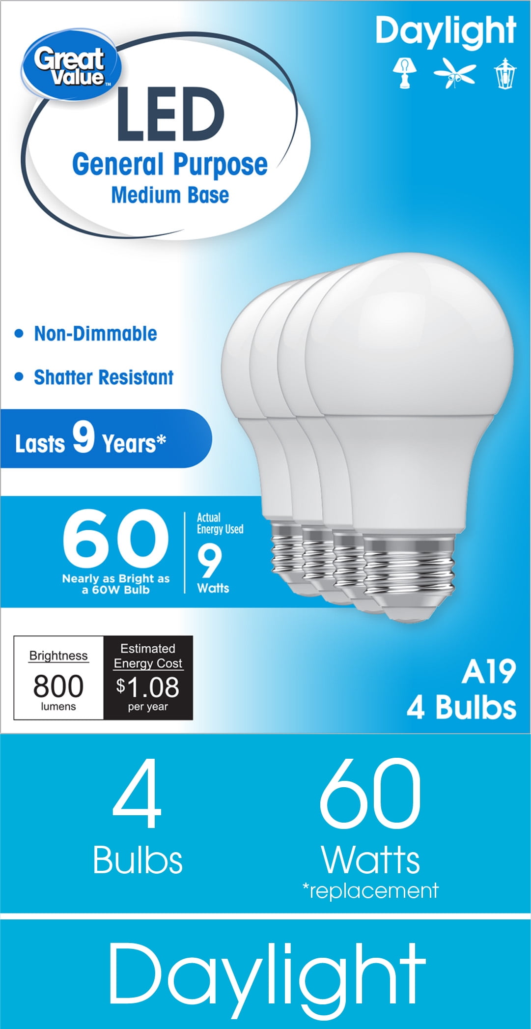 Great Value A19 LED Light Bulbs, 60 Watts Eqv, Daylight, General Purpose, 9yr, Medium Base, 4 ...