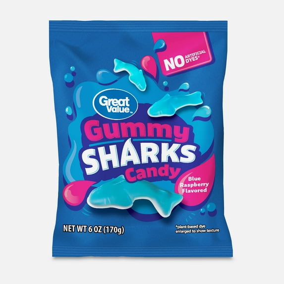 Great Value Gummy Sharks Candy 6 oz with Blue Raspberry Flavor Chewy Shark-Shaped Sweets ...