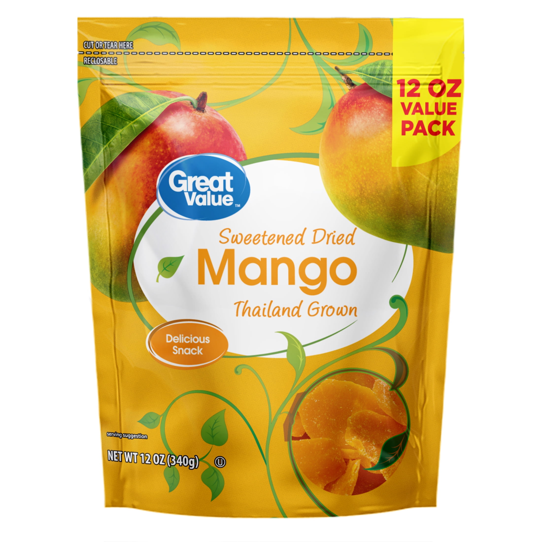 Great Value Dried Mango Snack 12oz Resealable Bag Sweetened Tropical ...