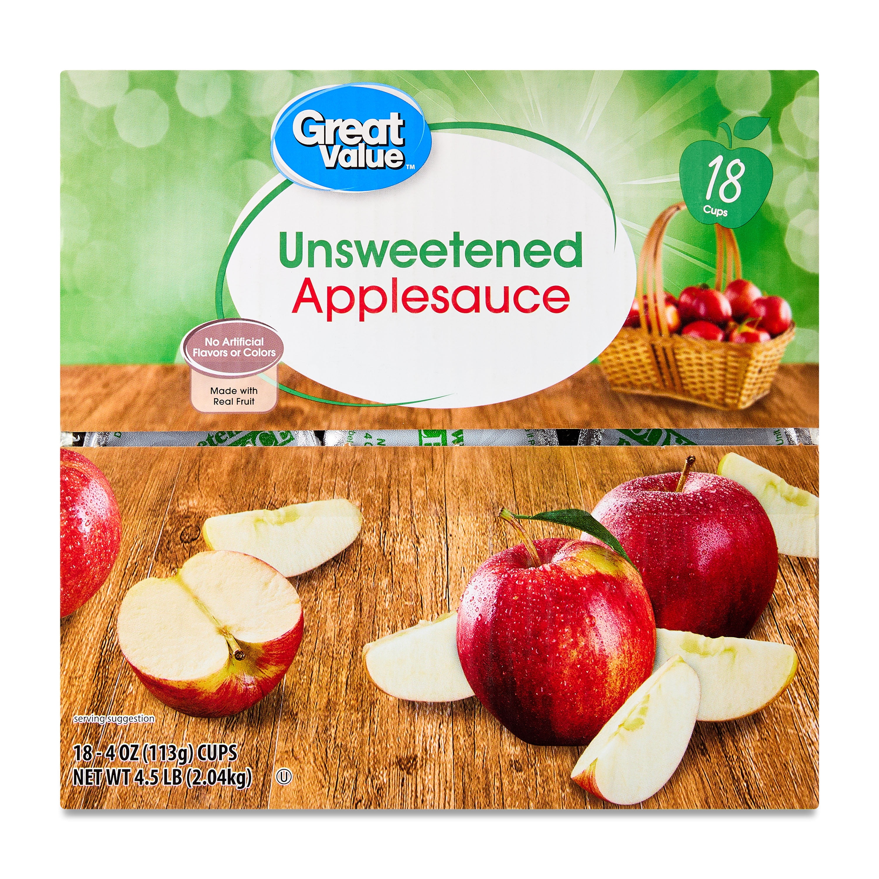 Great Value Unsweetened Applesauce, 18 Cups, Made with Real Fruit, No ...