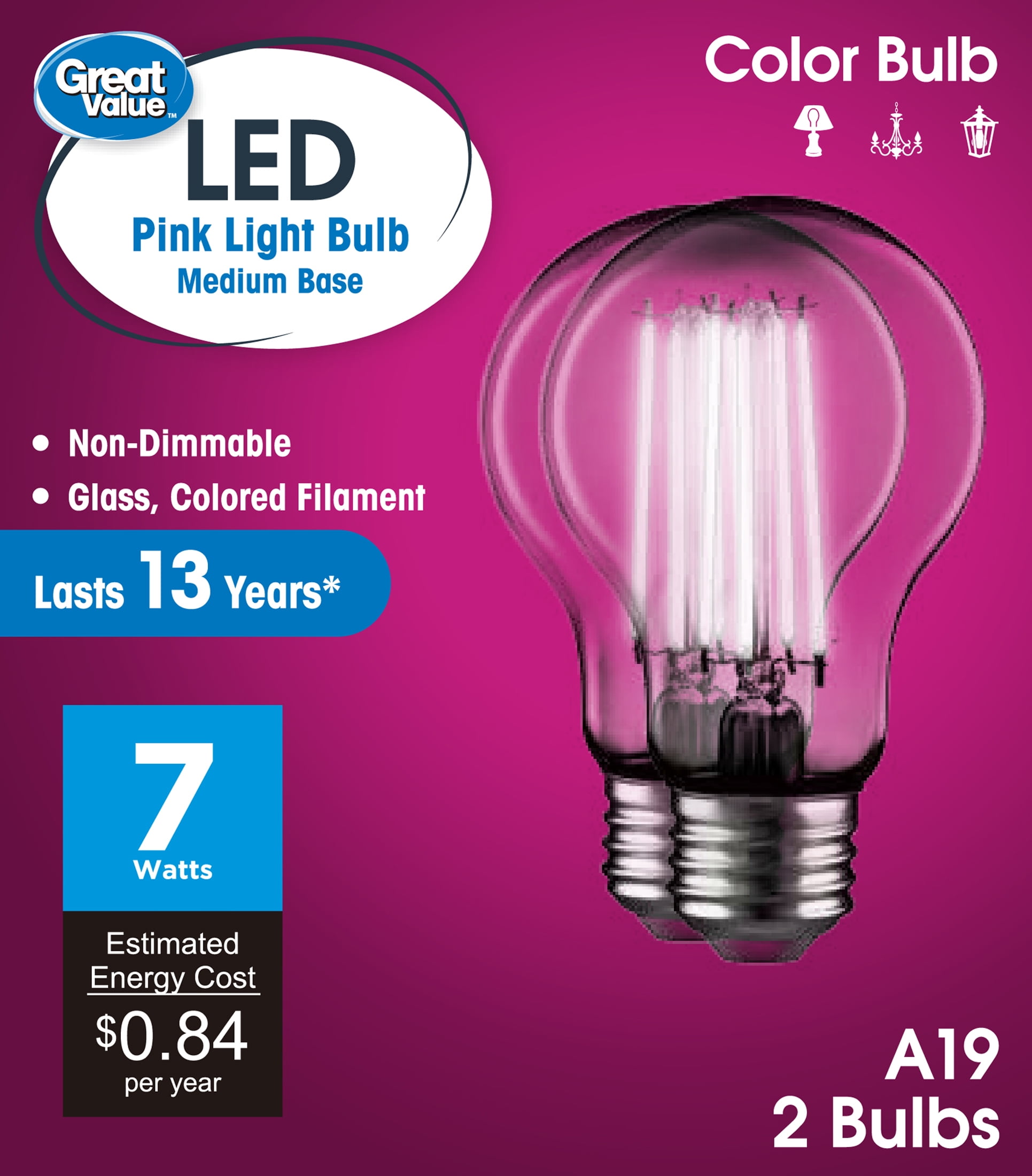 Great Value A19 LED 7.5W E26 Medium Base Pink Light Bulbs, 2 Pack ...
