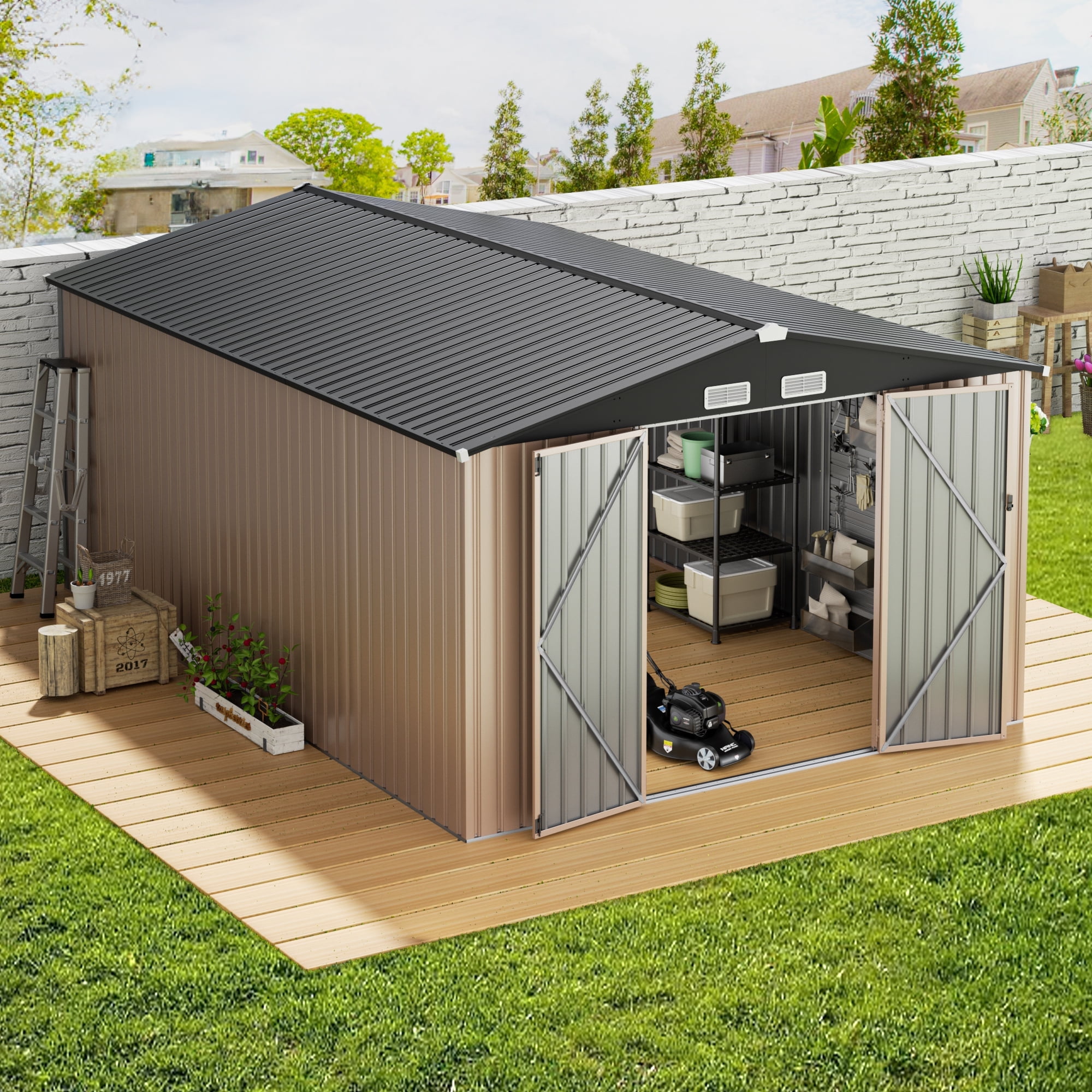 GVDV 10x14 FT Outdoor Metal Storage Shed, Durable Garden Shed with ...