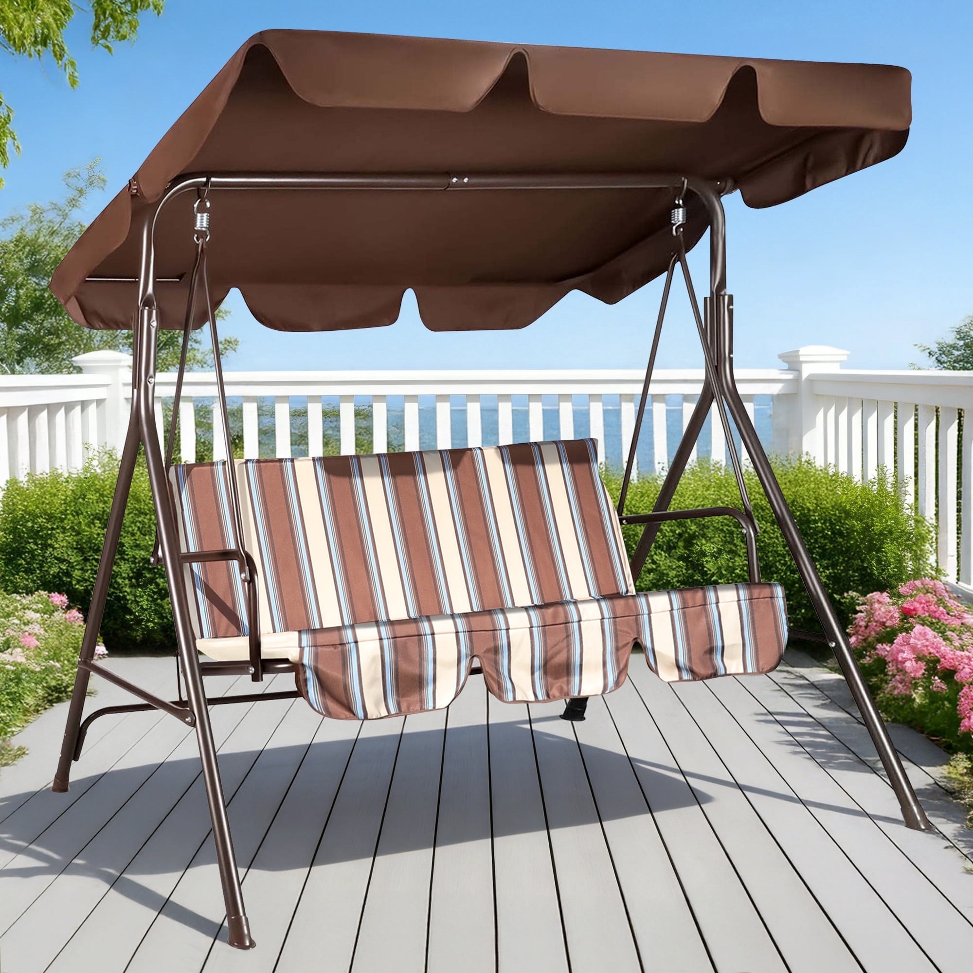 GVDV 3-Seat Steel Outdoor Porch Swing, Patio Swing Chair with ...