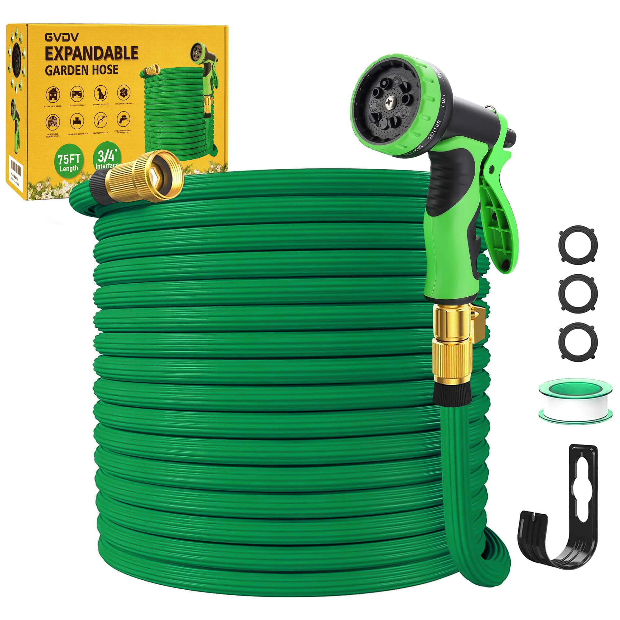 GVDV Garden Hose, 5/8" x 75ft Expandable Water Hose with Spray Nozzle, No-Kink, Heavy Duty ...