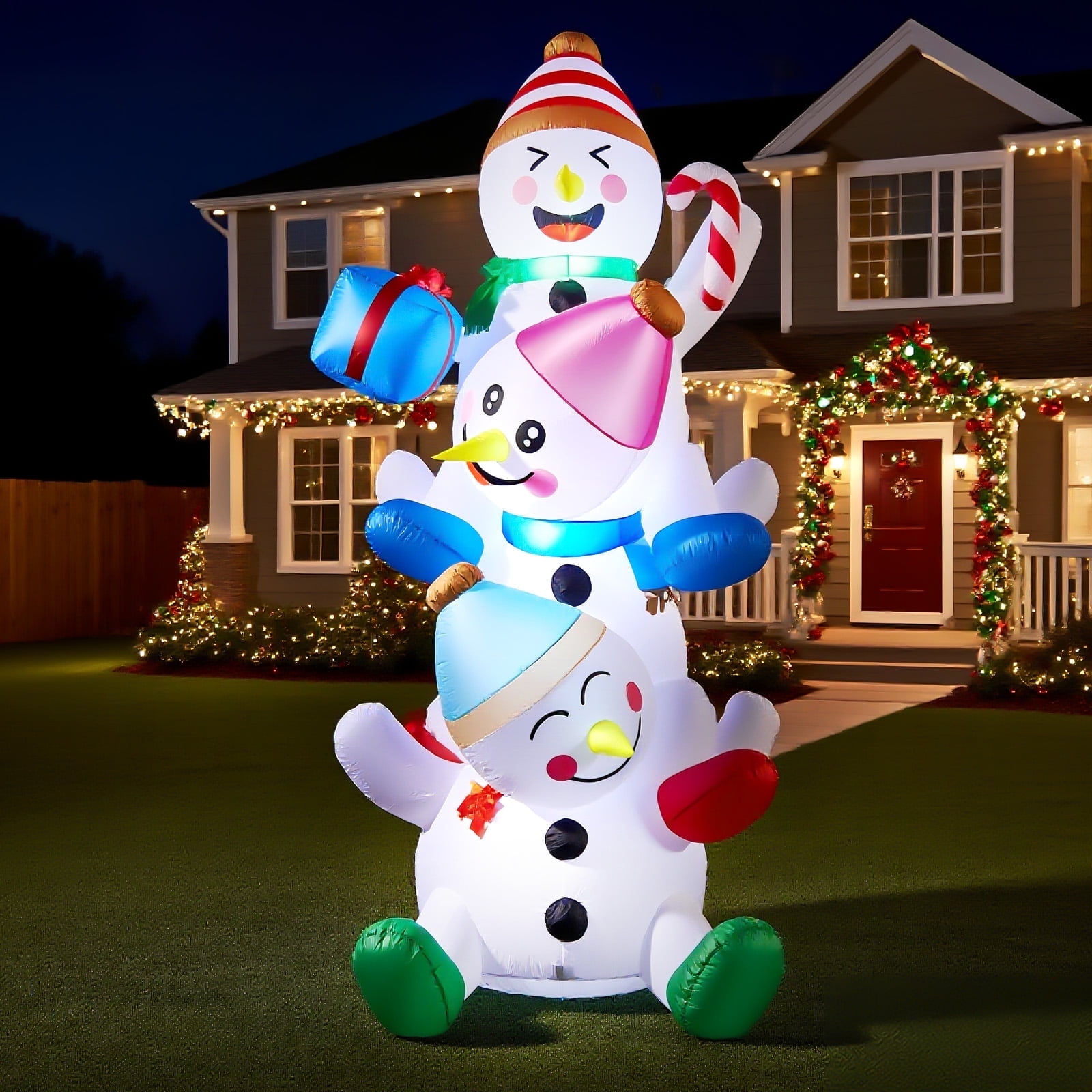 GVDV 8 FT Stacked Snowmen Inflatable with LED Lights - Outdoor ...