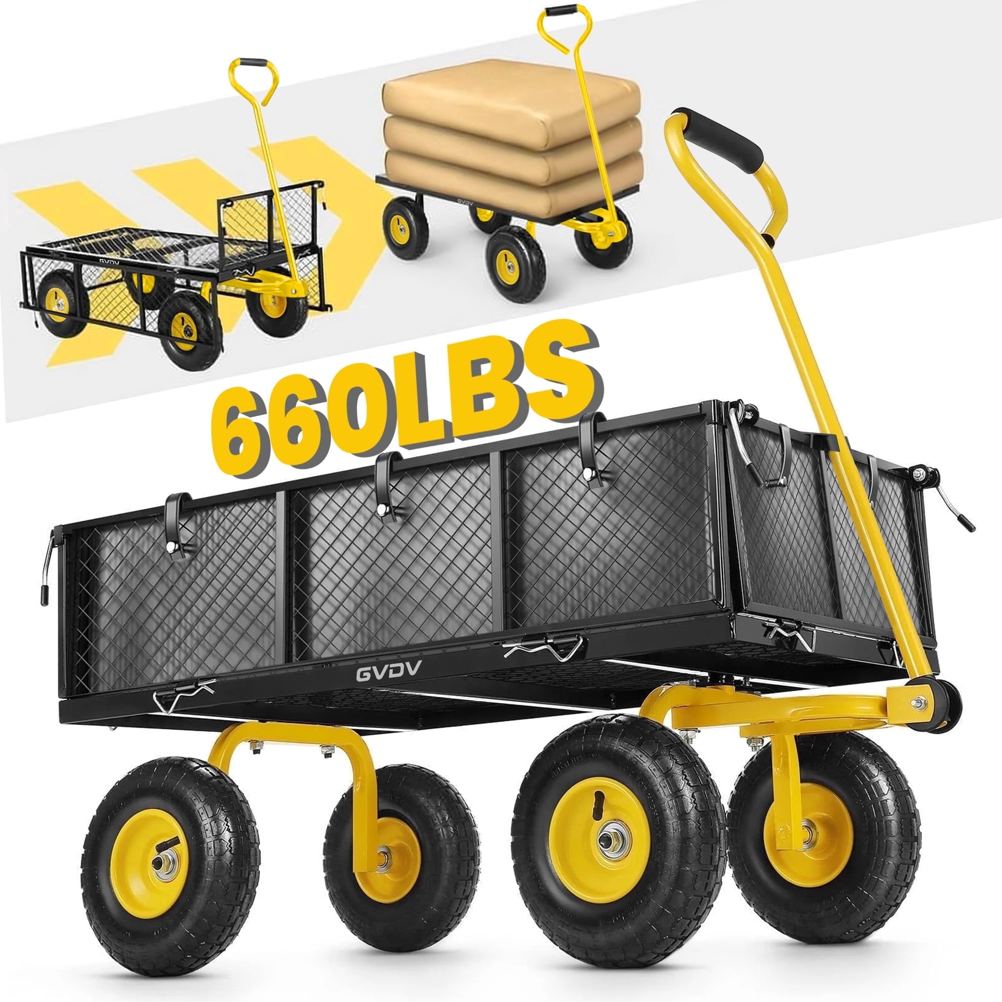 GVDV Heavy Duty Steel Garden Cart with Liner, 660lbs Capacity, 3 Cu ft ...