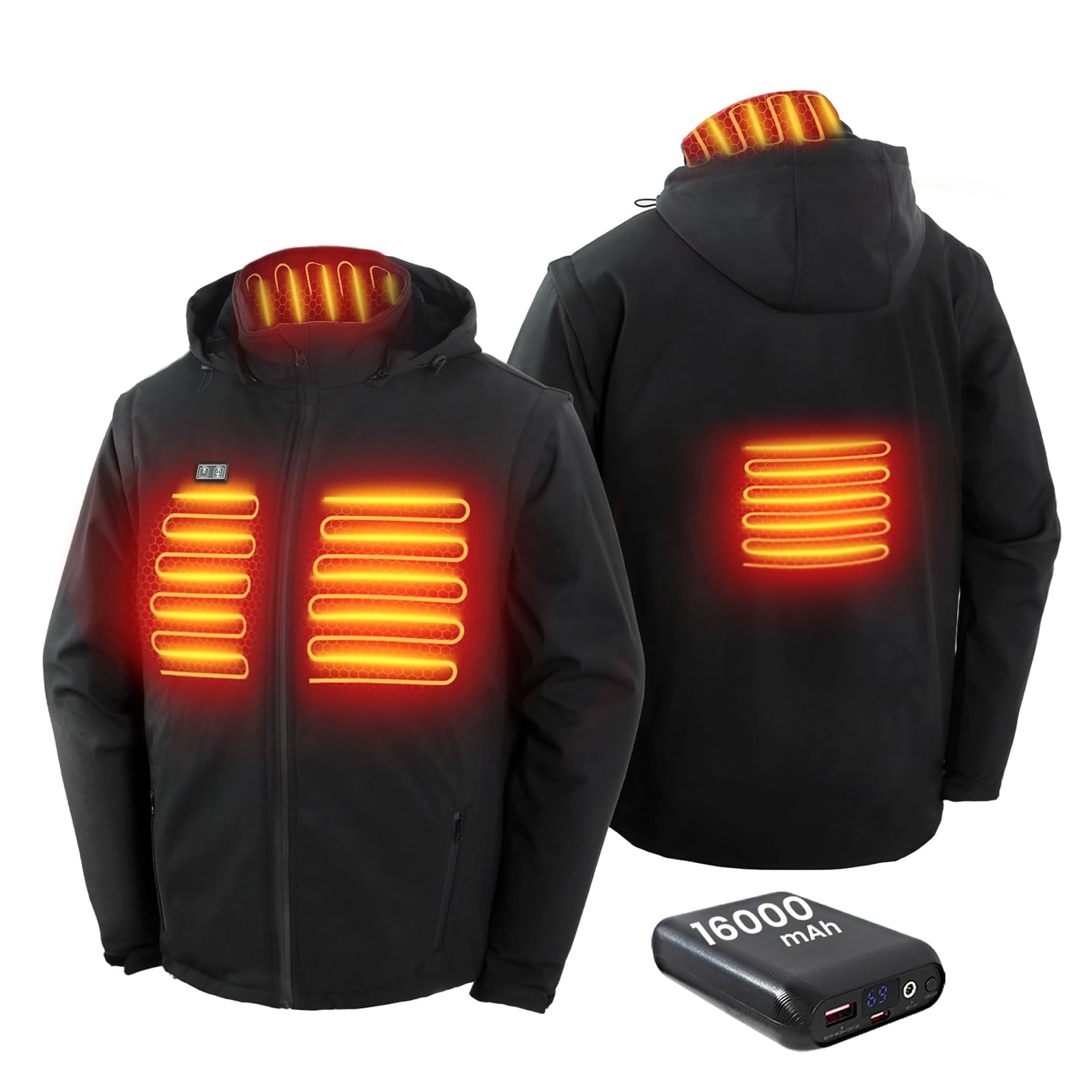 GVDV Mens Heated Jacket with 7.4V/16000mAh Battery Pack, Detachable ...