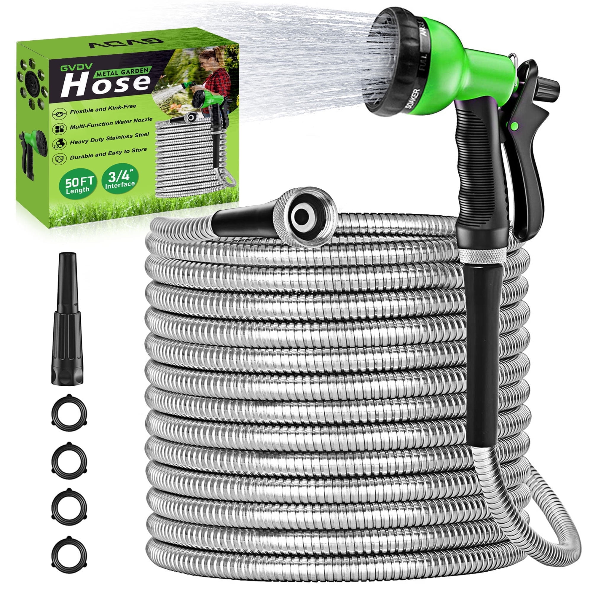 HadinEEon 50ft 304 Stainless Steel Garden Hose, Adjustable Spray Nozzle ...