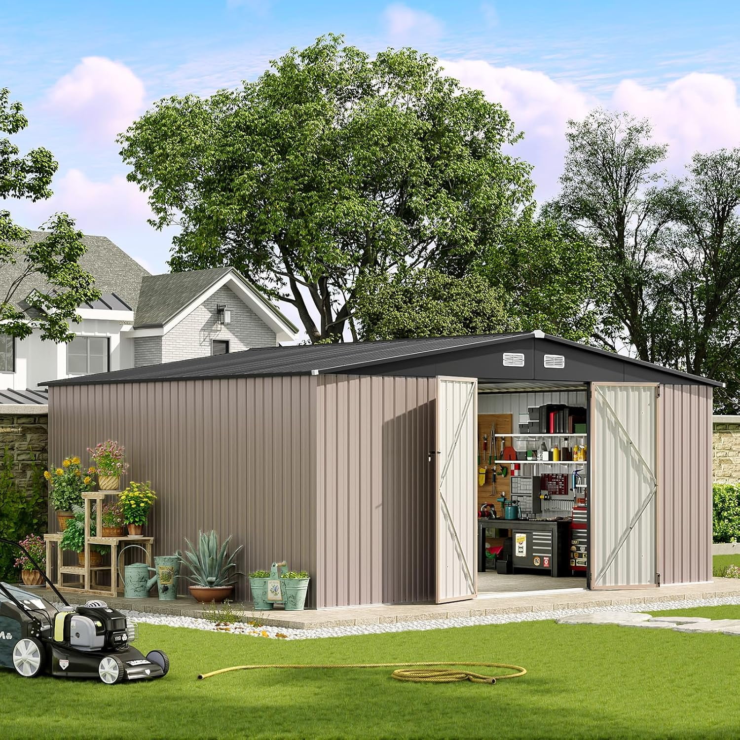 GVDV Outdoor Metal Storage Shed 14 x 10 ft, Storage House Metal Steel ...