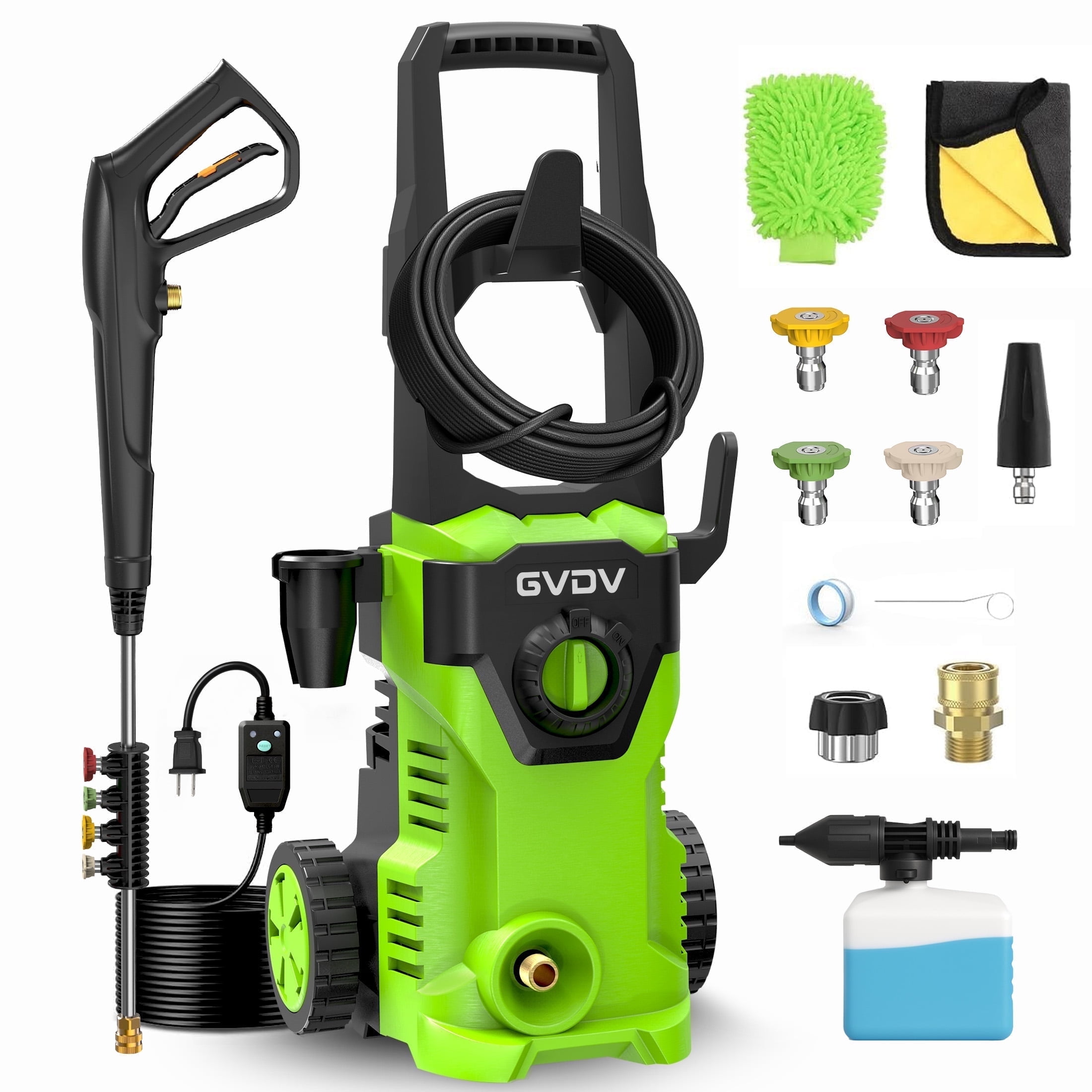 GVDV Electric Pressure Washer, 3400 PSI 2.1 GPM with Foam Cannon & 5 Nozzles, 26.4ft Cord & 24 ...