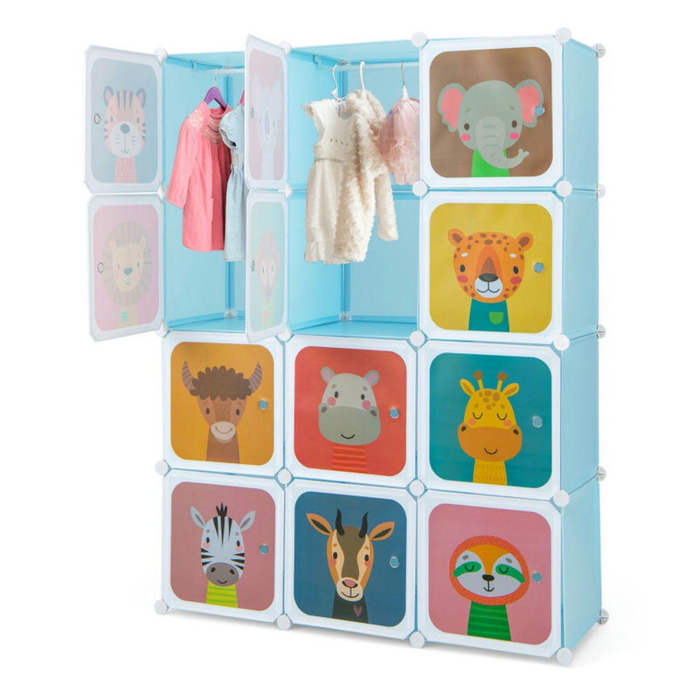 GVN 12 Cube Kids Wardrobe Closet with Hanging Section and Doors-Blue ...