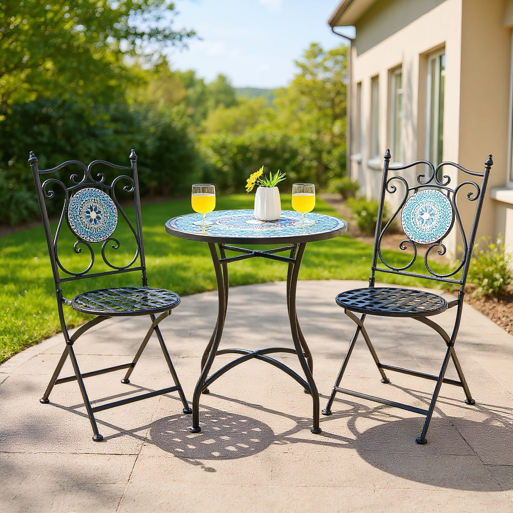 GVN 24 Inch Patio Bistro Table with Ceramic Tile Tabletop-A, Teak Wood ...