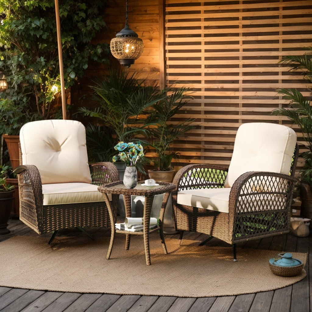 GVN 3 Piece Patio Swivel Rocker Set with Tempered Glass Side Table and ...
