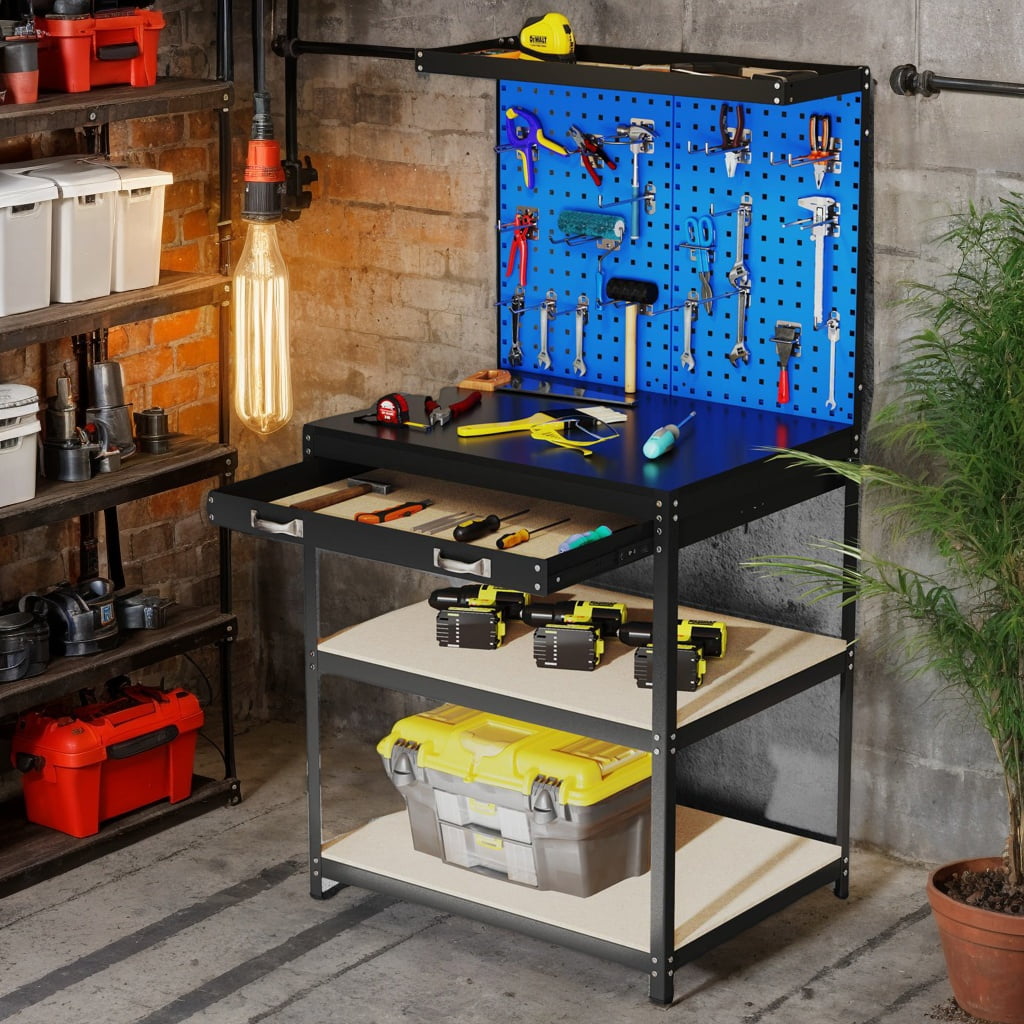 GVN 32 x 16 Inch Workbench Work Table with 2 PCs Pegboard Drawer and ...