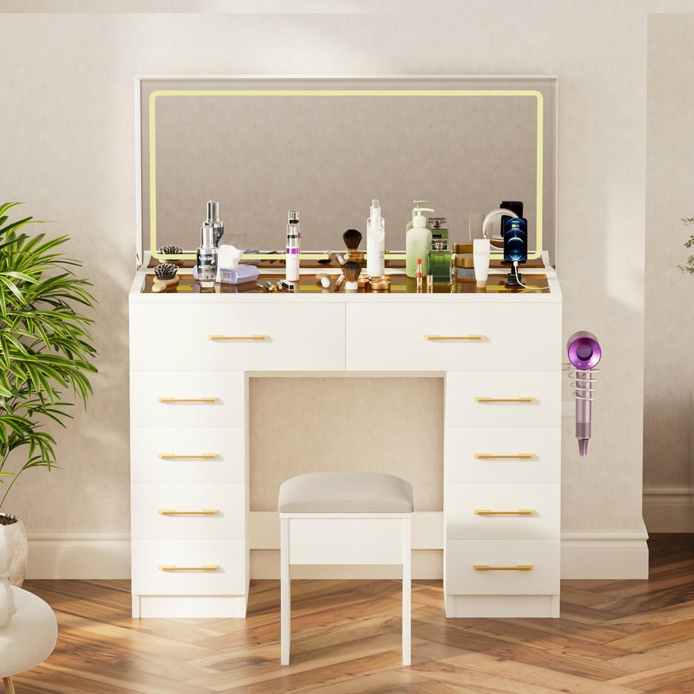 GVN 46" Glass Top Makeup Vanity Desk with 10 Drawers, Mirror and Stool ...