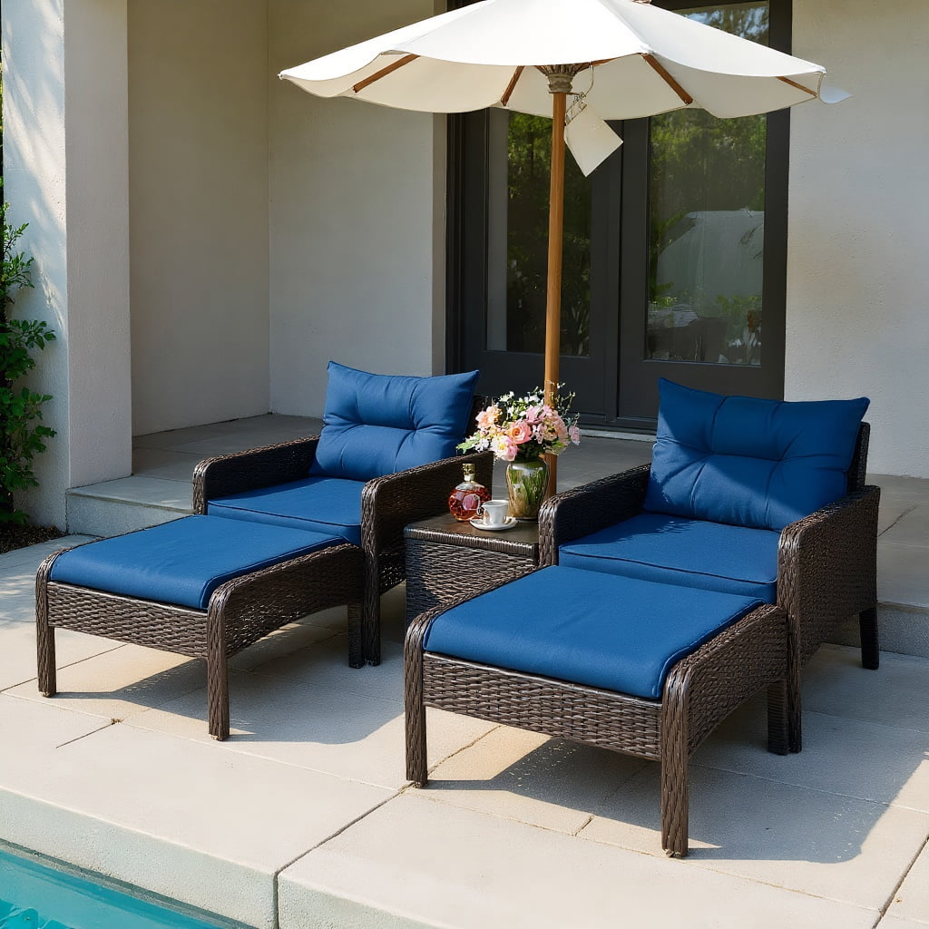 GVN 5 Pieces Patio Rattan Sofa Ottoman Furniture Set with Cushions-Navy ...
