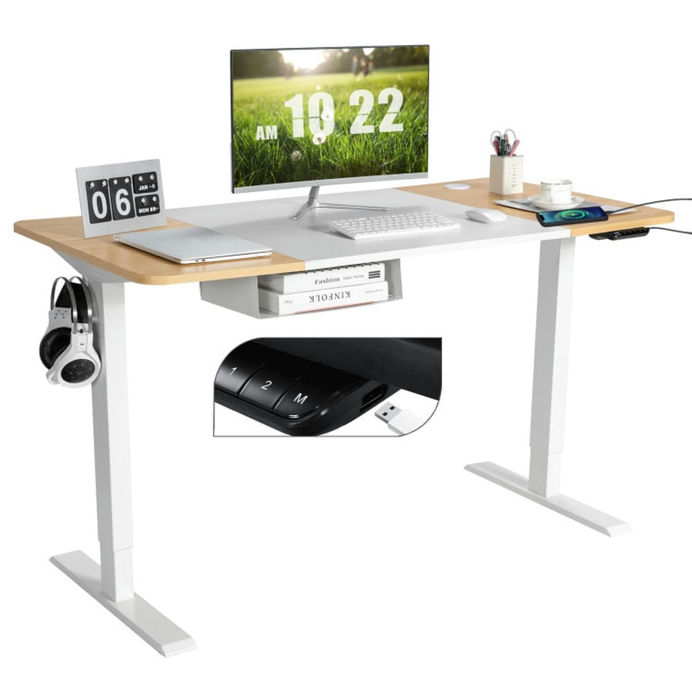 GVN 55 x 28 Inch Electric Adjustable Sit to Stand Desk with USB Port-Natural, Desk for Bedroom ...