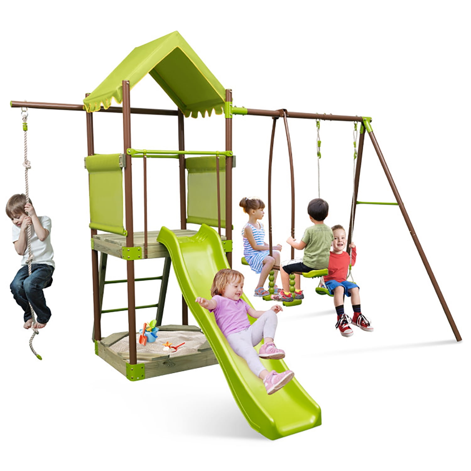 GVN 7-in-1 Outdoor Metal Playset with Covered Fort Sandbox Wave Slide ...