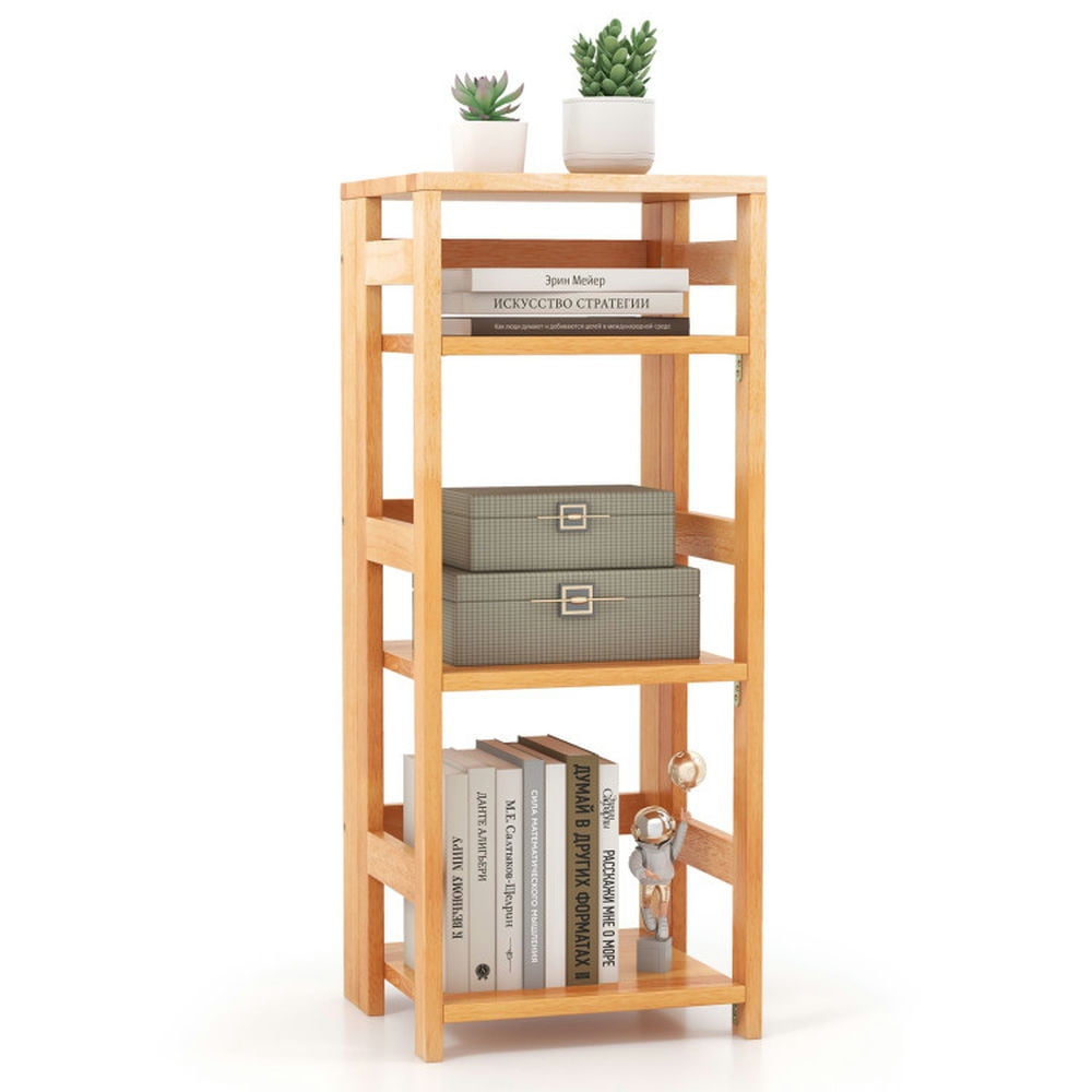 GVN Bookcases,4-Tier Bookshelf Rubber Wood Bookcase with Side Fences ...