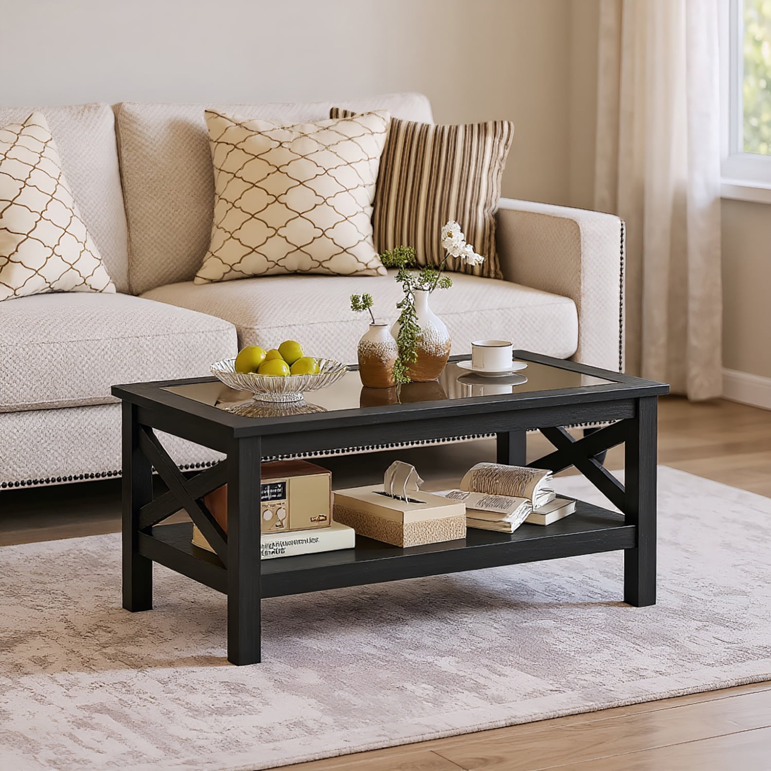 GVN Coffee Table,Side Tables,Coffee Table with Tempered Glass Tabletop ...