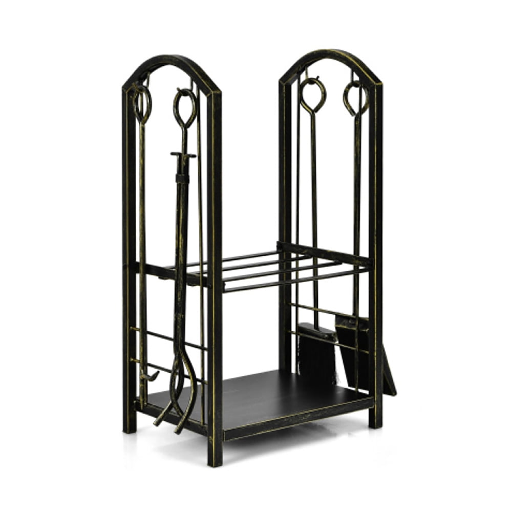 GVN Fireplace Log Rack with 4 Pieces Fireplace Tools-Bronze, Firewood ...
