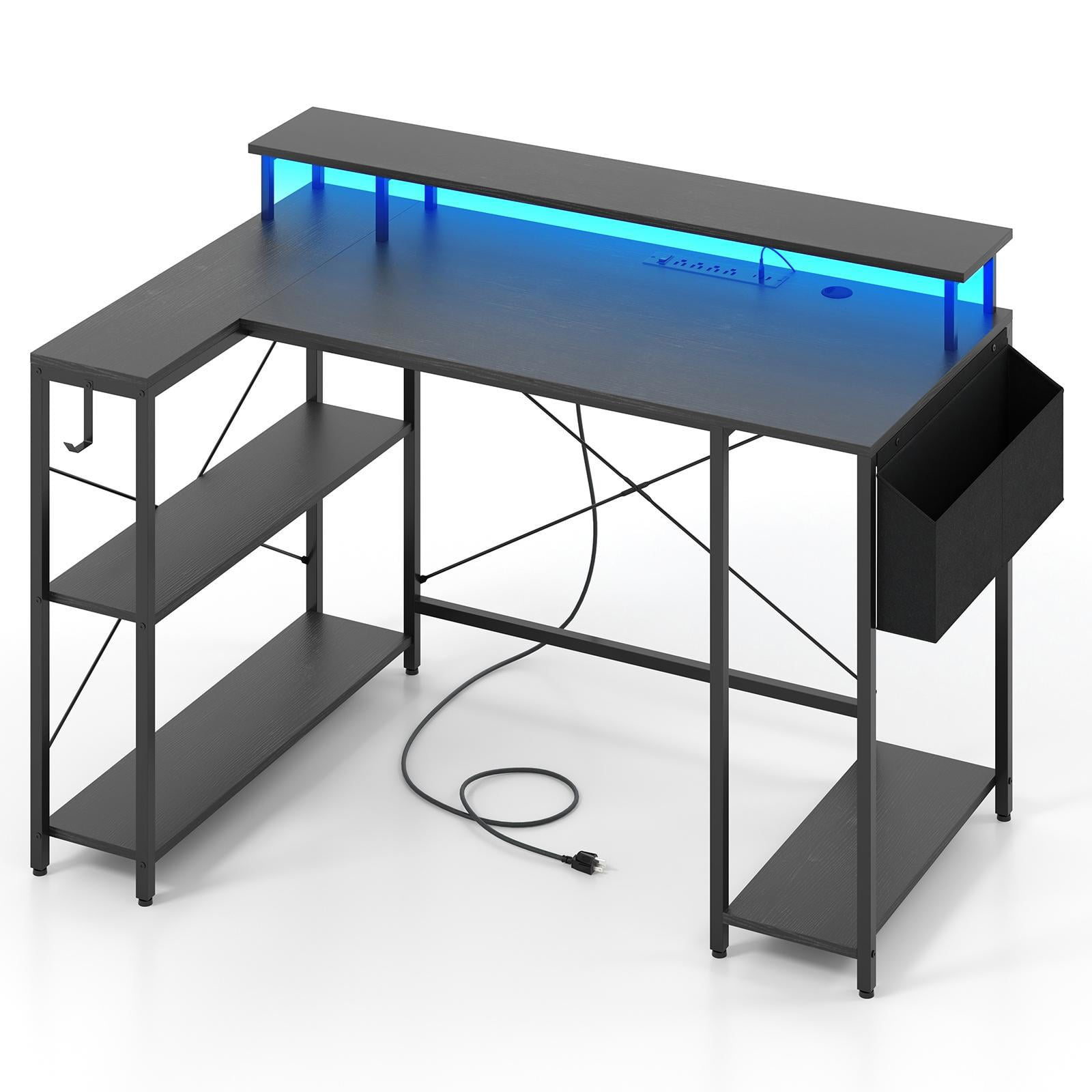 GVN L-Shaped Computer Desk with LED Lights and Power Outlets, Study ...