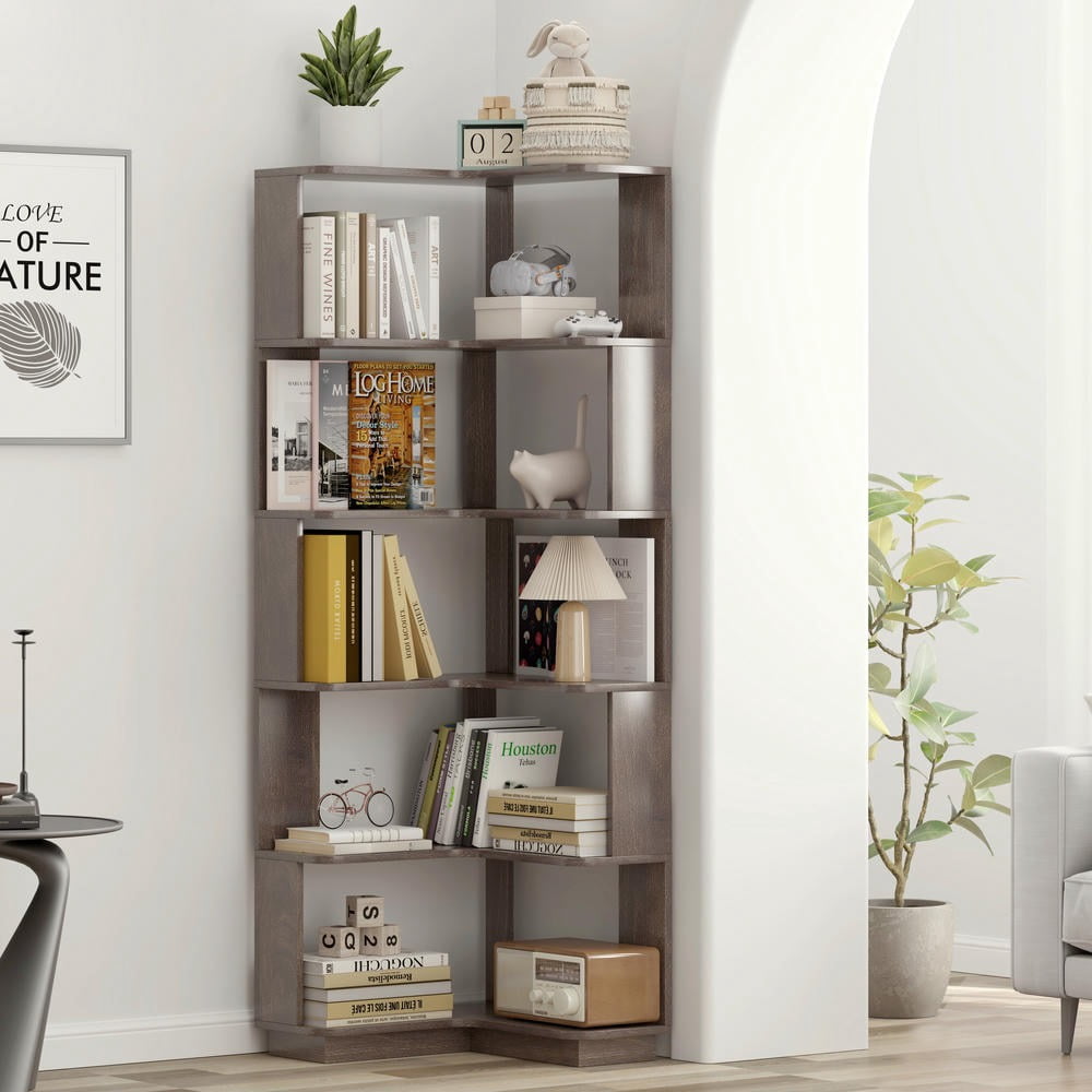 GVN L Shaped Corner Bookshelf 6 Tier Wooden Bookcase Freestanding Open ...