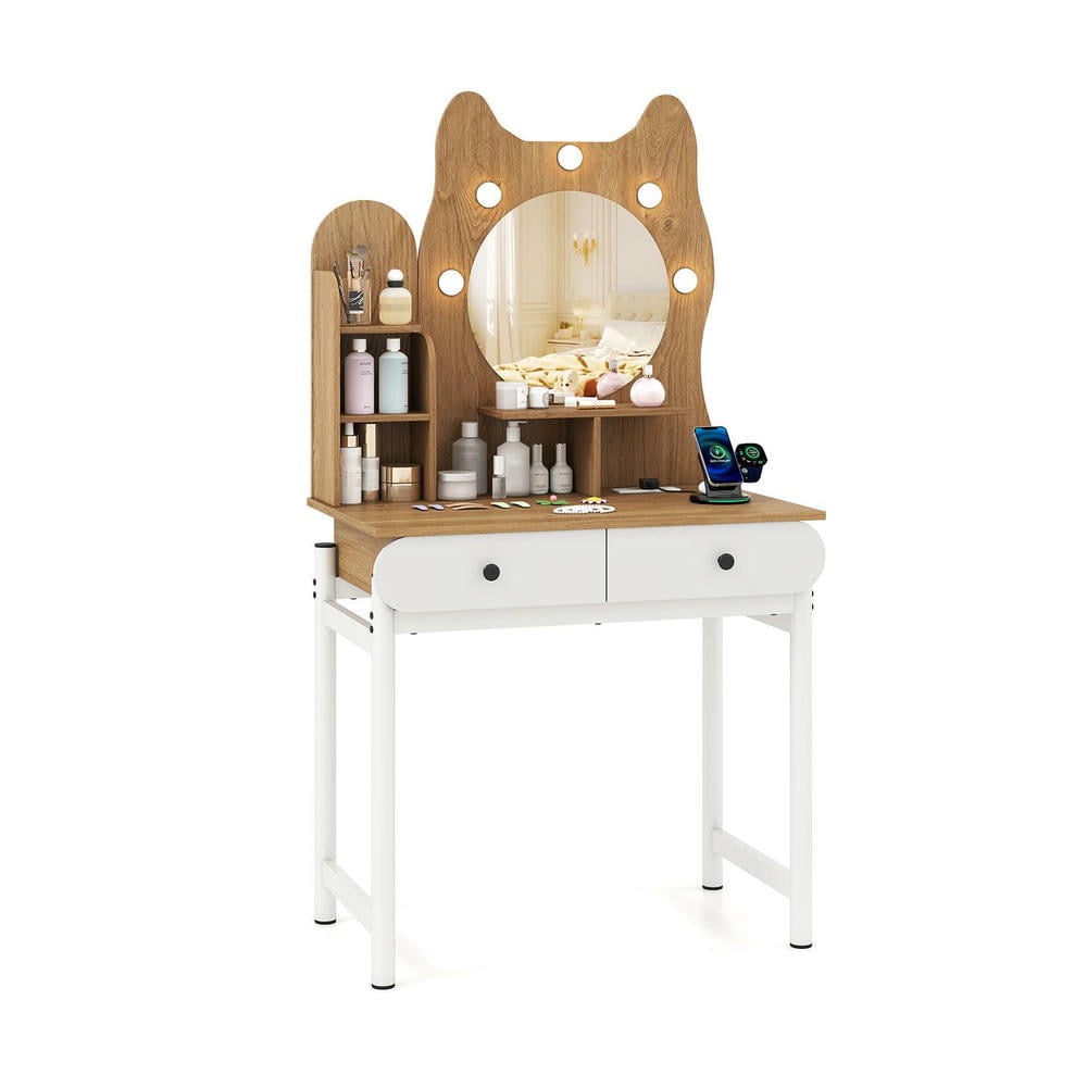 GVN Makeup Vanity Desk with Mirror and Lights, Cute Kitty Make Up Table ...