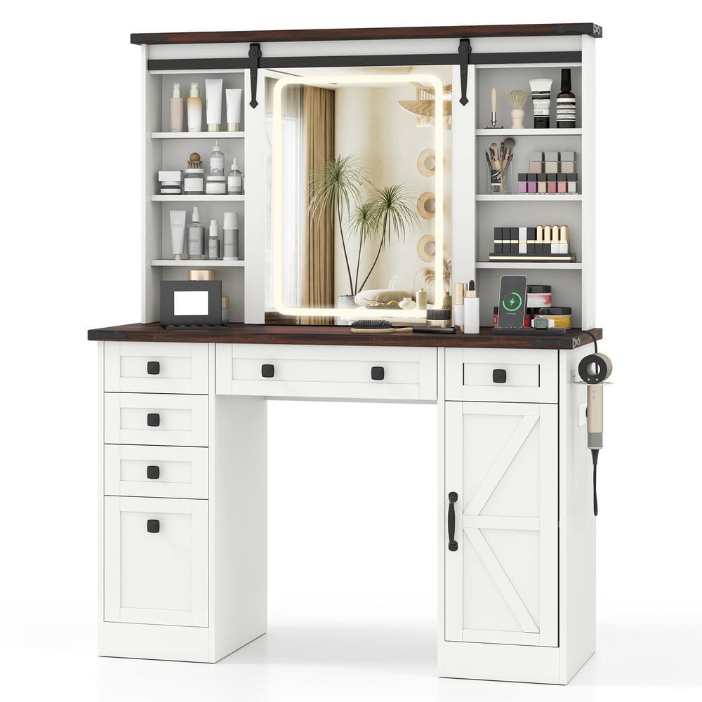 GVN Makeup Vanity Desk with Barn-Style Sliding Mirror and 3 Lighting ...