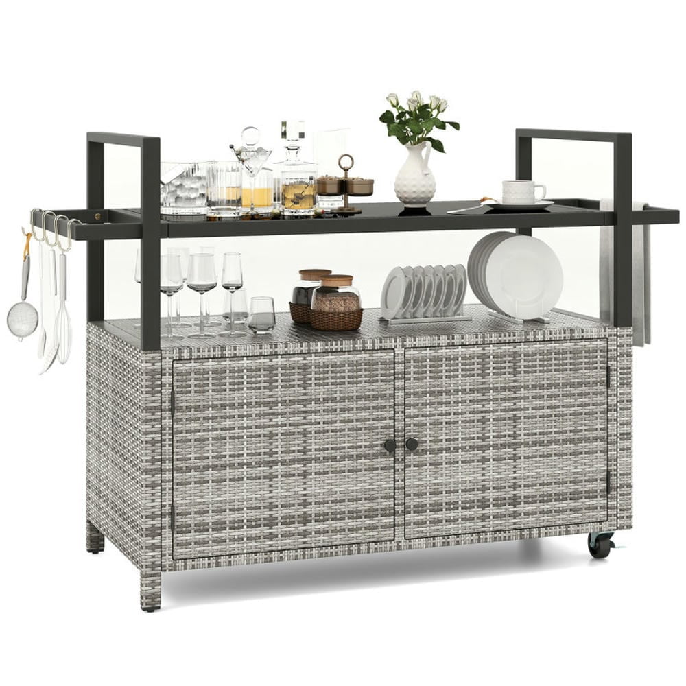 GVN Outdoor Bar Cart Wicker Buffet Serving Cart with Cabinet and 8 ...