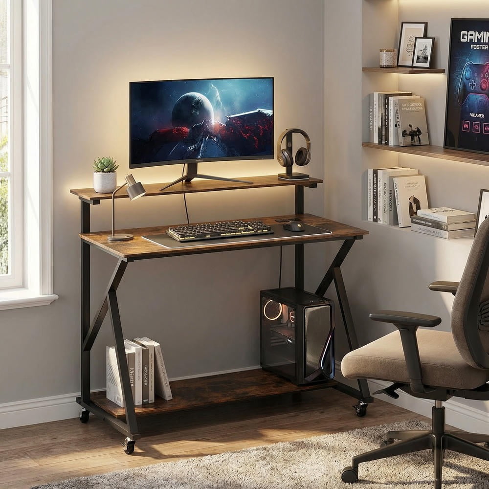 GVN Rolling Computer Desk Mobile Workstation with Charging Station ...