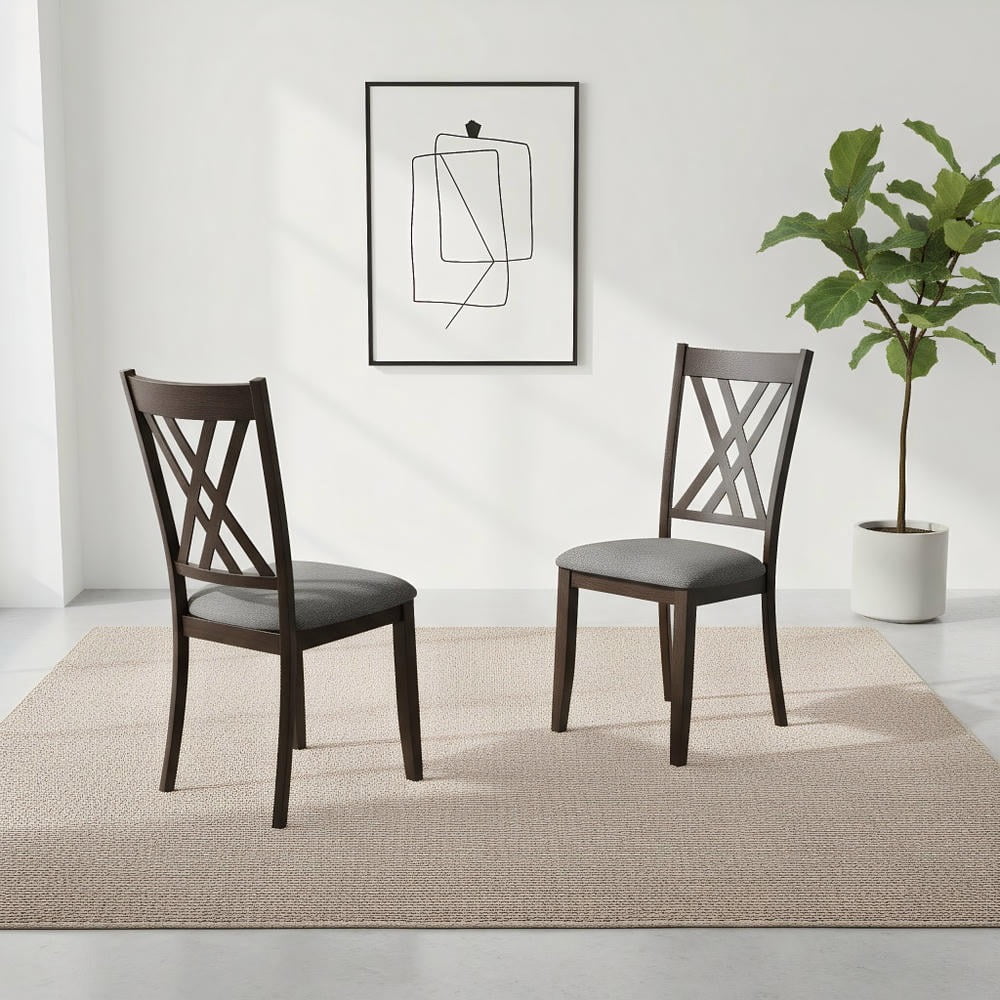 GVN Set of 2 Gray Linen Upholstered Dining Chairs with Rubber Wood ...