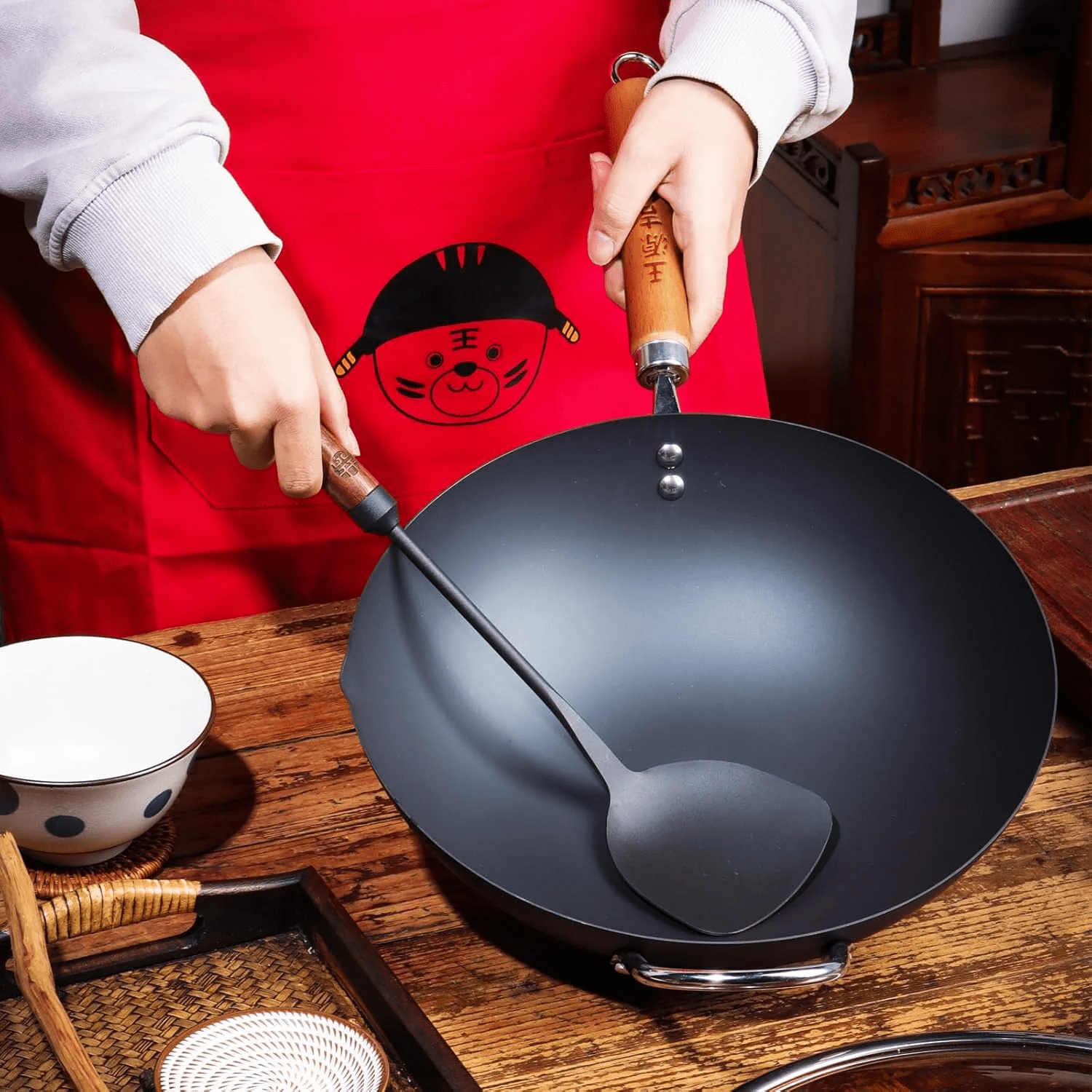 GVN Spatula Chinese Iron Spatula Traditional Wok Spatula with Wooden ...