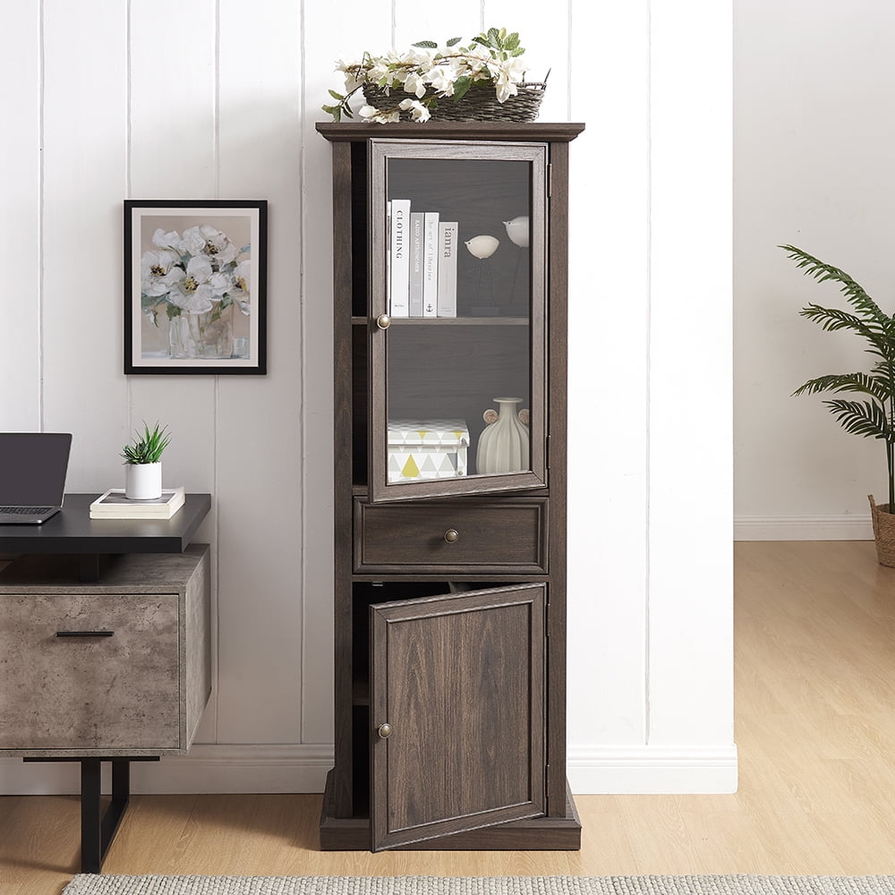 GVN Tall Storage Cabinet, Freestanding Cabinet with Glass Door and Shelves, Sideboard cabinet ...