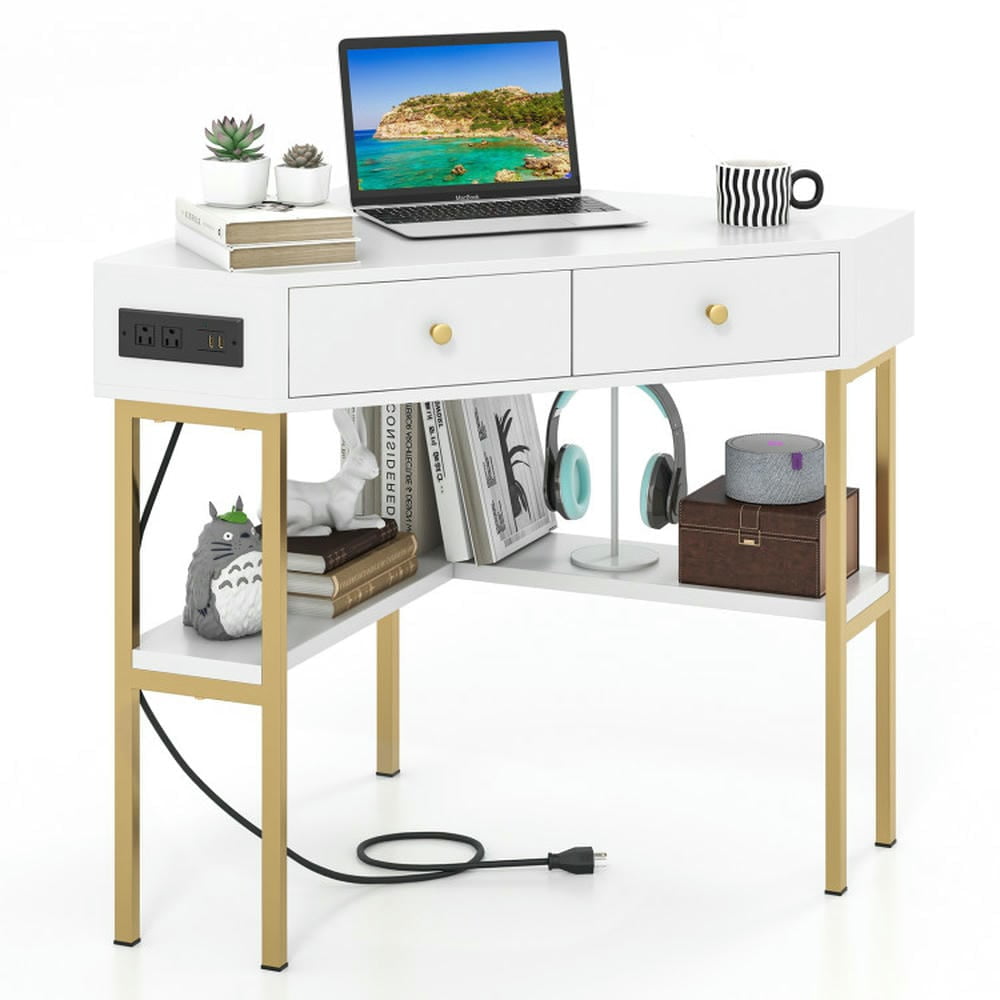 GVN Triangle Corner Desk with Charging Station with 2 Drawers and ...