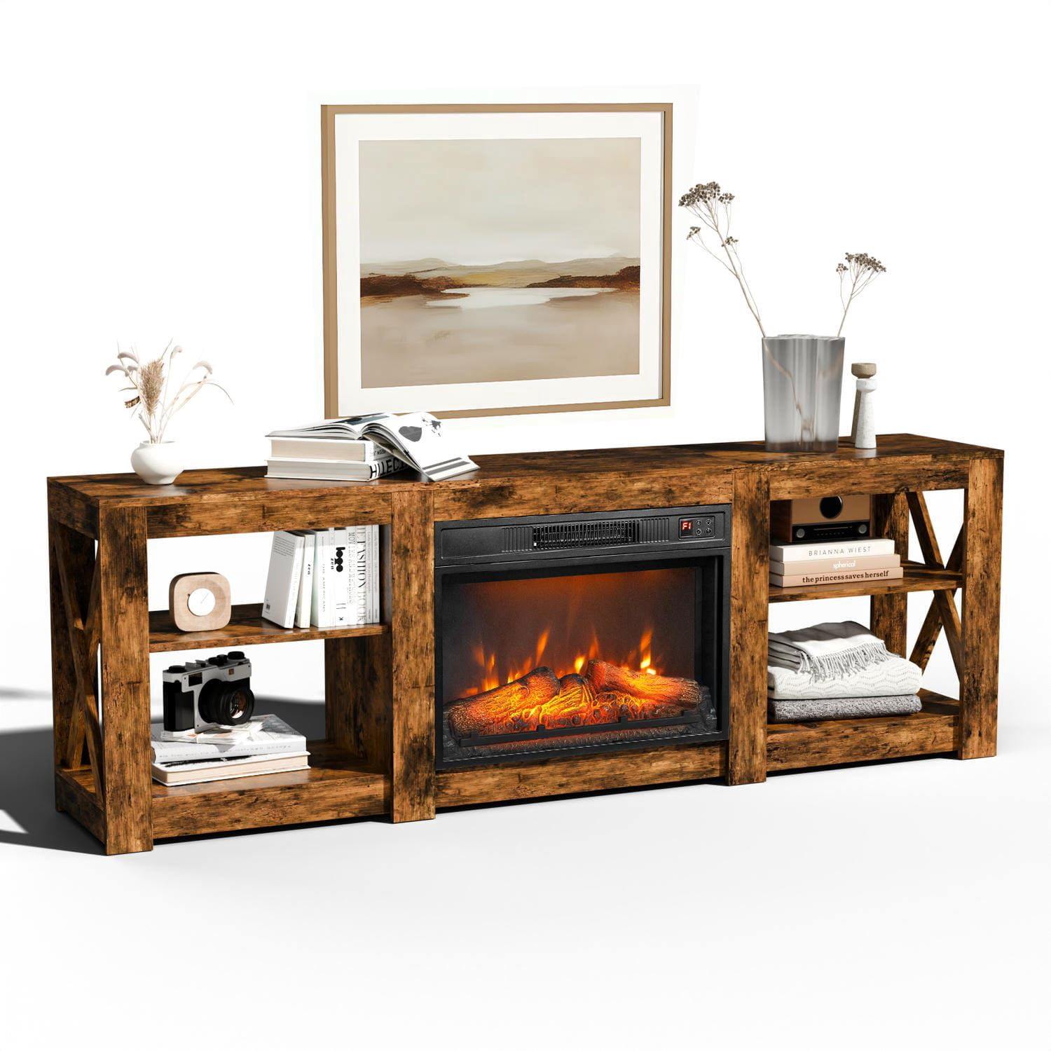GVN Weathered Wood Fireplace TV Stand with 23 Inch Insert, Dual-Sided ...