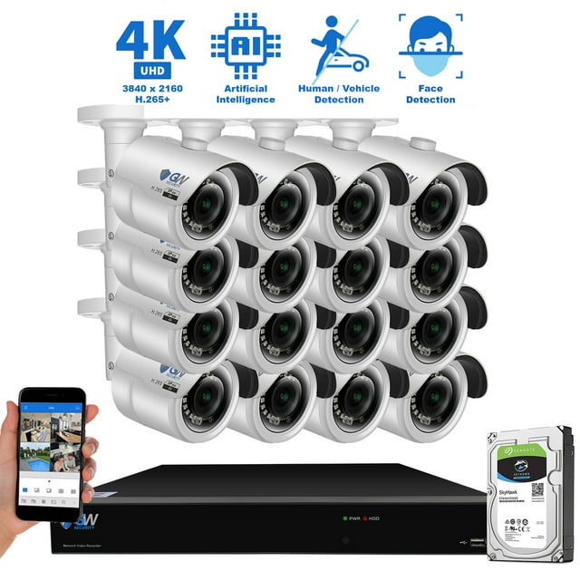 GW Security 16 Channel PoE NVR Ultra-HD 4K (3840x2160) AI Smart Home ...