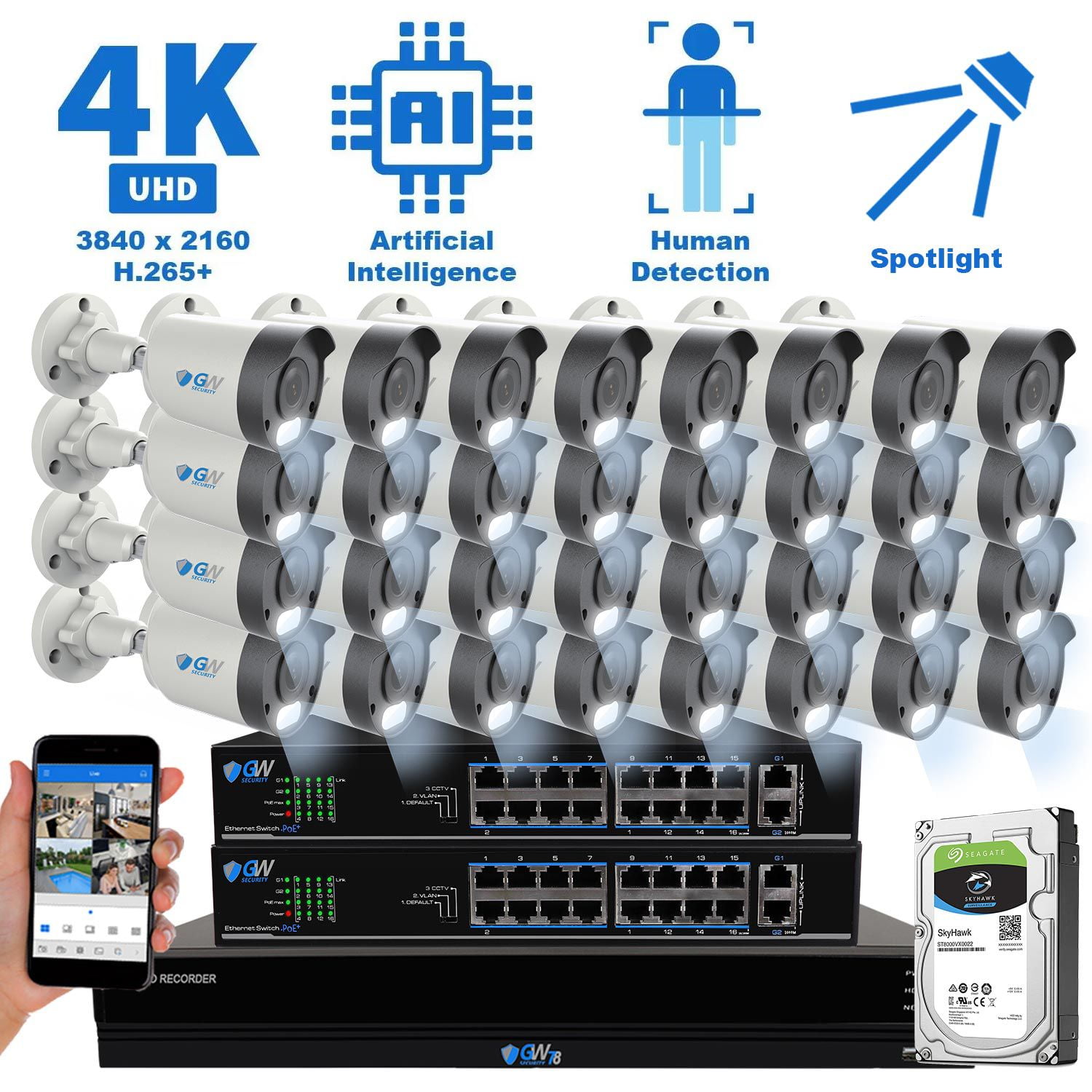 GW Security 32 Channel NVR 8MP Color Night Vision Security Camera ...